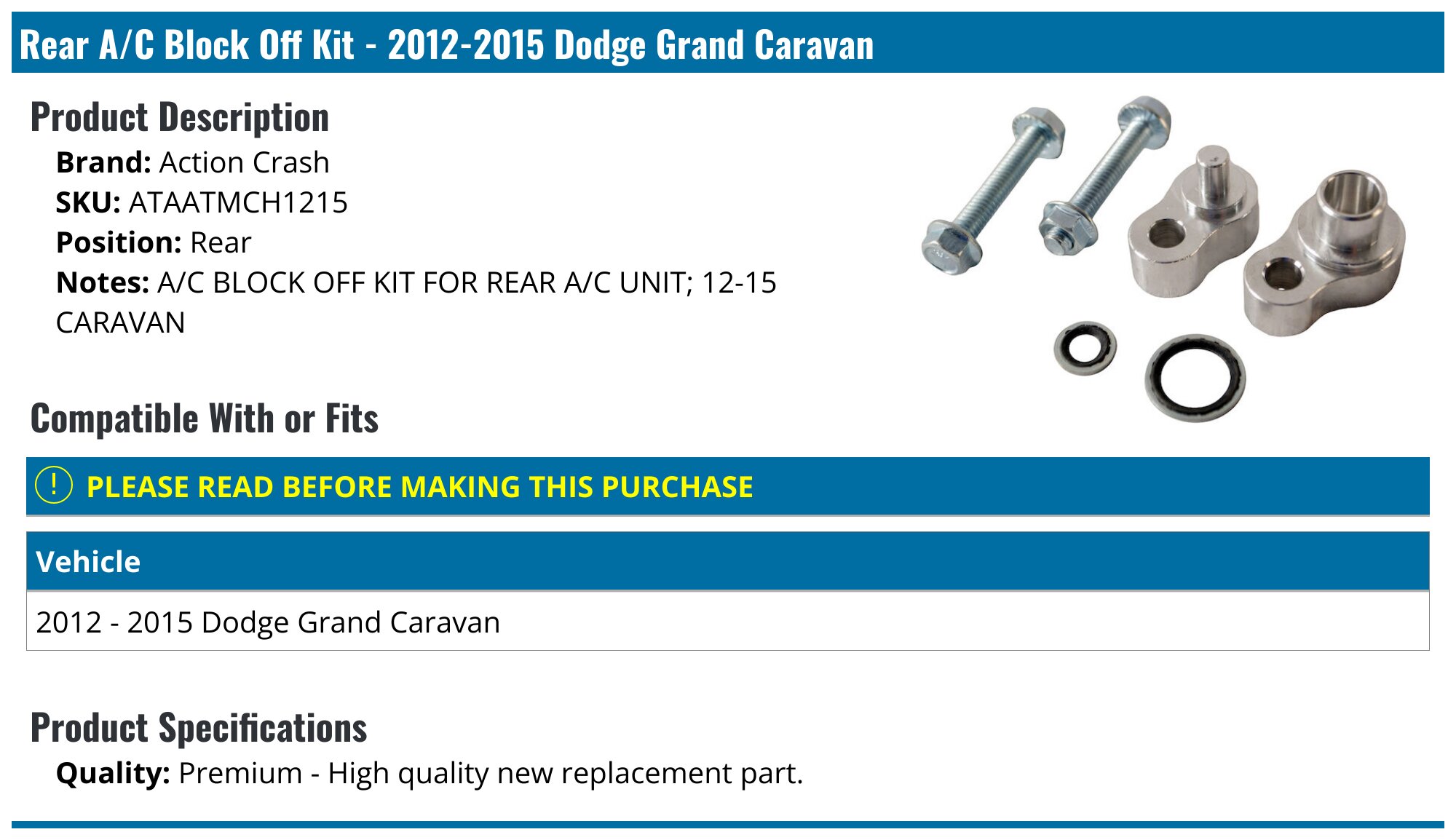 2012-2015 Dodge Grand Caravan A/C Block Off Kit - Action Crash ...