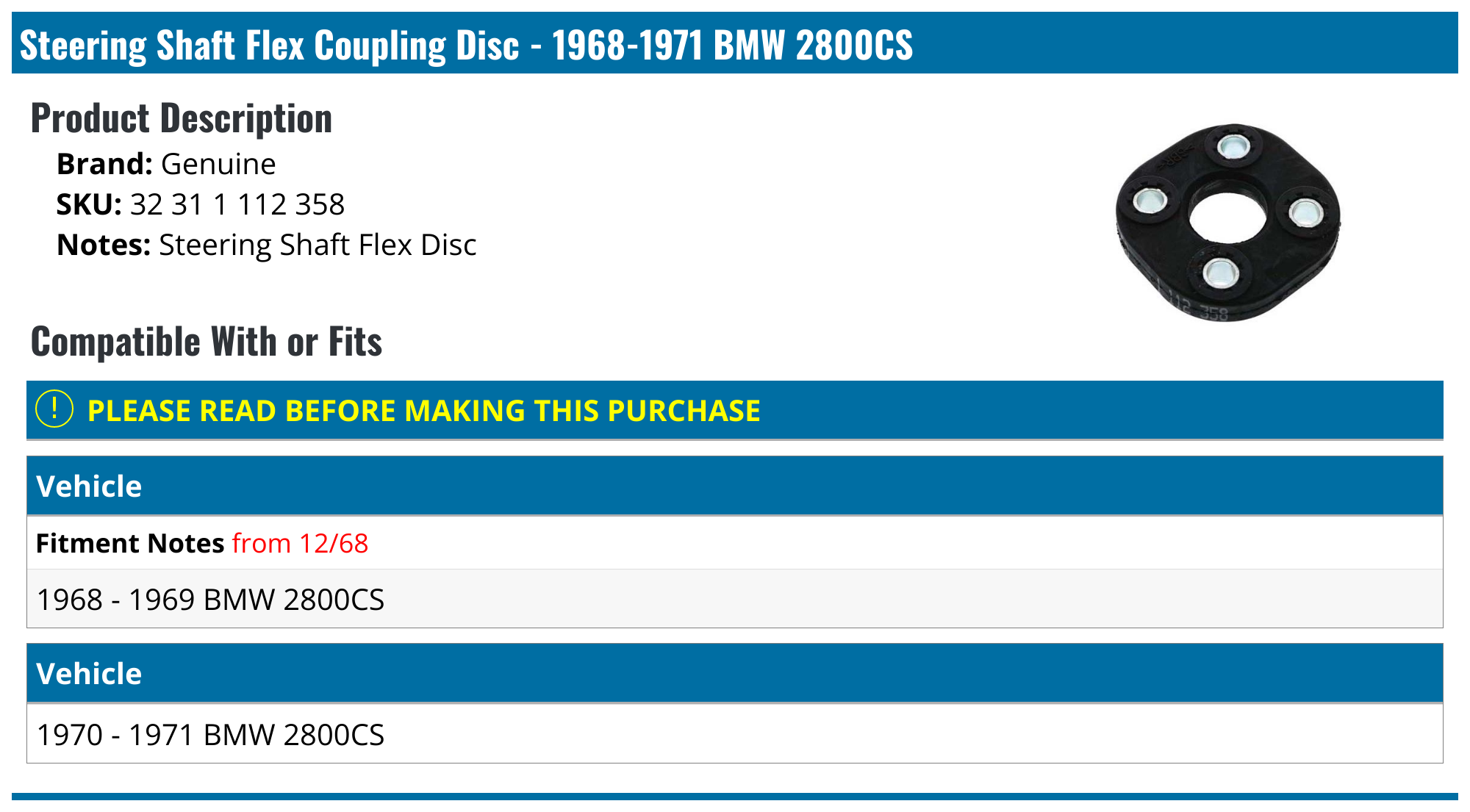 1968-1971 BMW 2800CS Steering Shaft Flex Coupling Disc - Genuine 32 31 ...