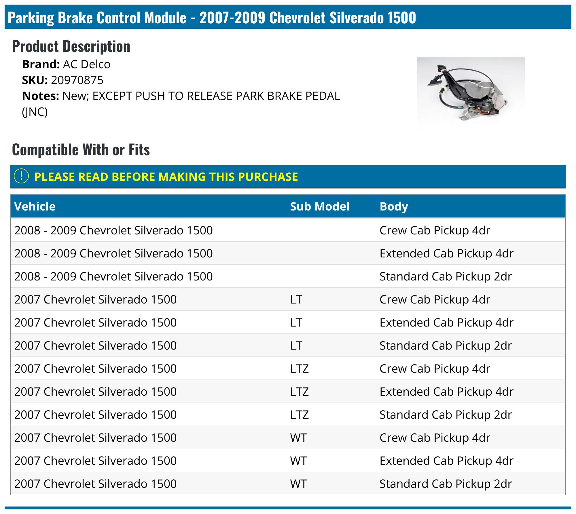 2007-2009 Chevrolet Silverado 1500 Parking Brake Control Module - AC ...
