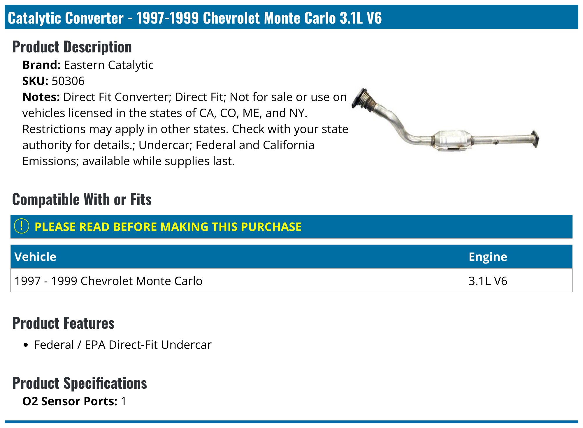 1997-1999 Chevrolet Monte Carlo Catalytic Converter - Eastern Catalytic ...
