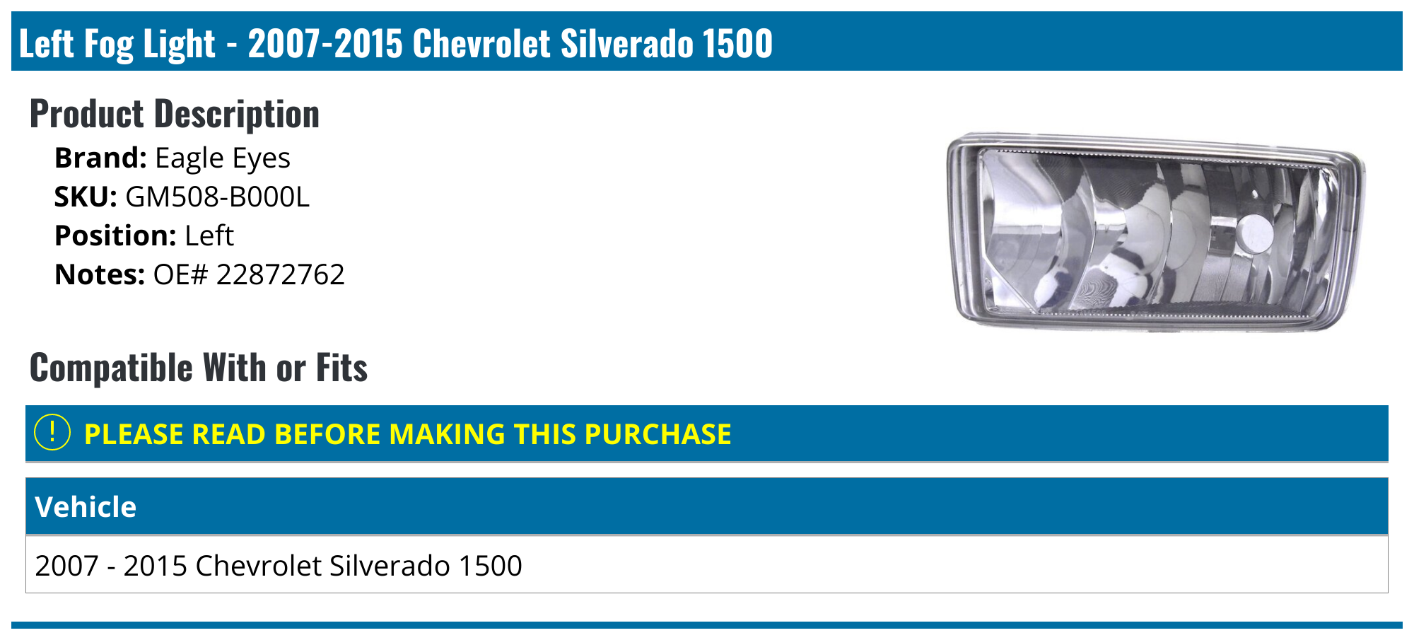 2007-2015 Chevrolet Silverado 1500 Fog Light - Eagle Eyes GM508-B000L ...