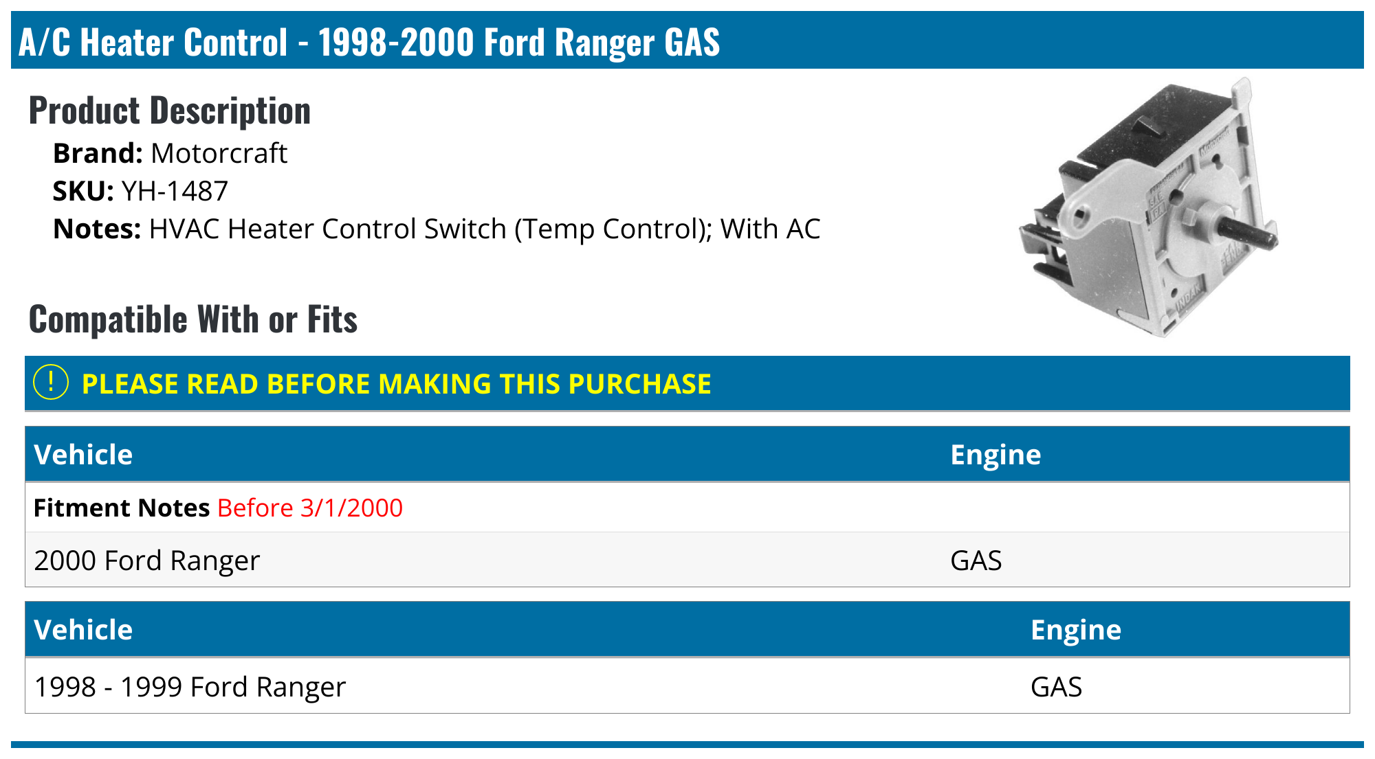 1998-2000 Ford Ranger A/C Heater Control - Motorcraft YH-1487 ...