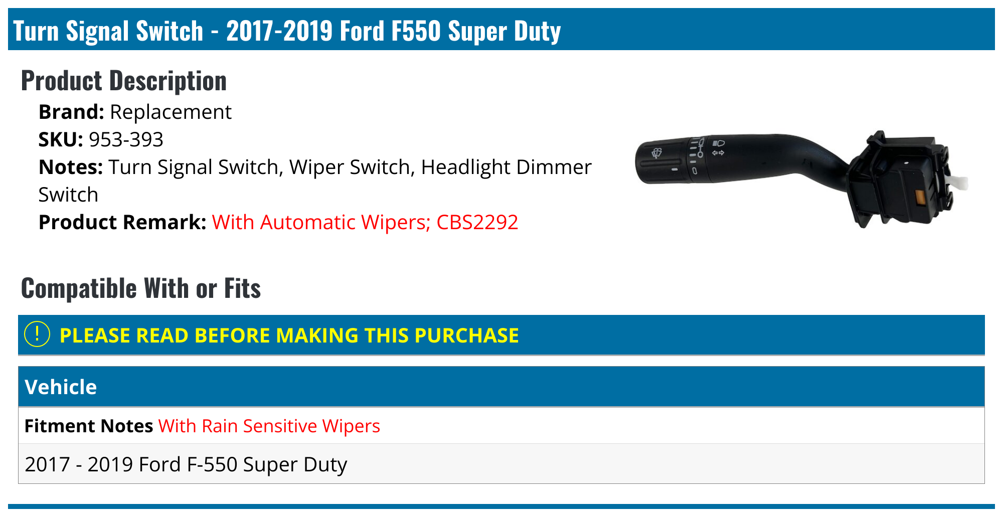 2017-2019 Ford F550 Super Duty Turn Signal Switch - Replacement 953-393 ...