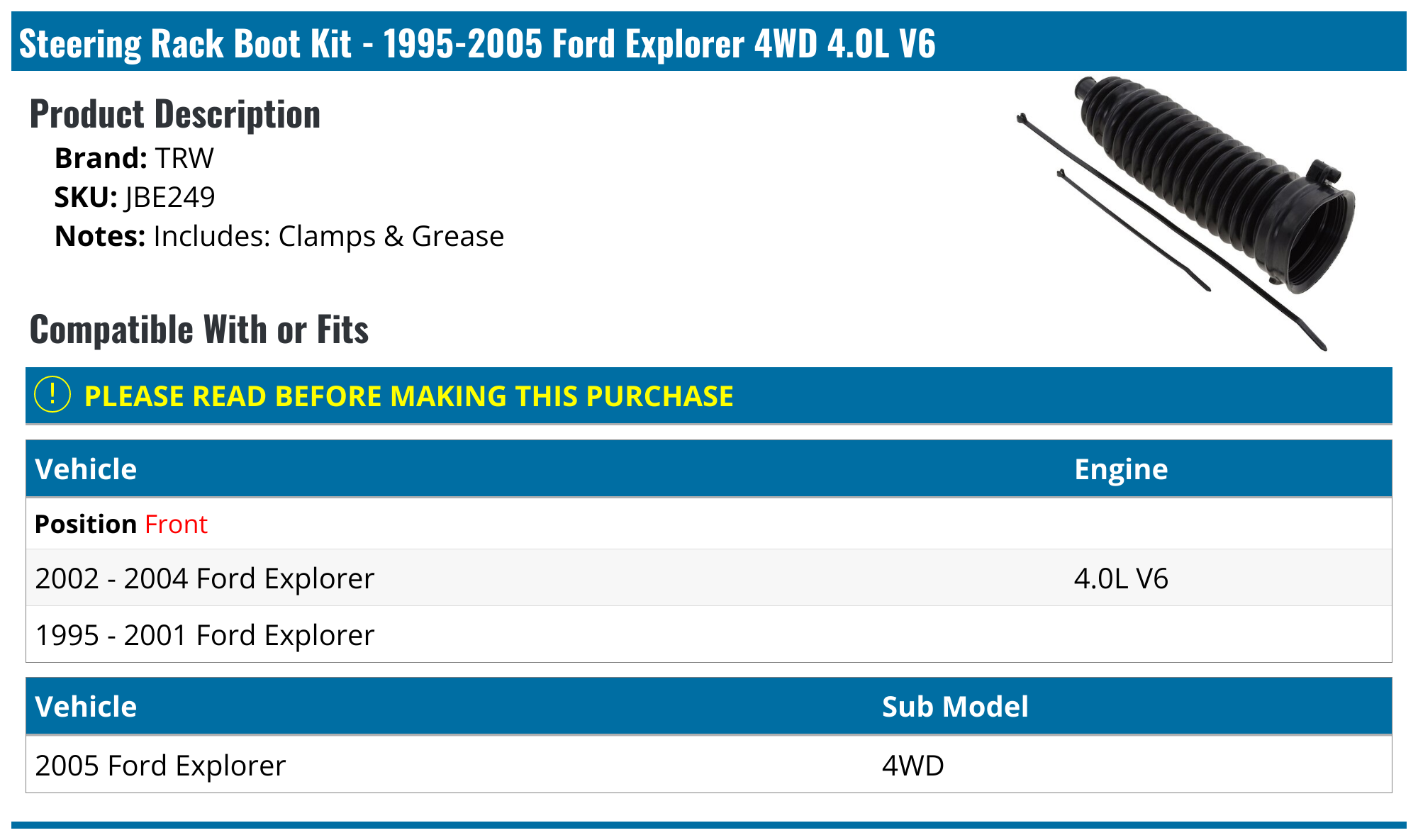 1995-2005 Ford Explorer Steering Rack Boot Kit - TRW JBE249 - Front ...