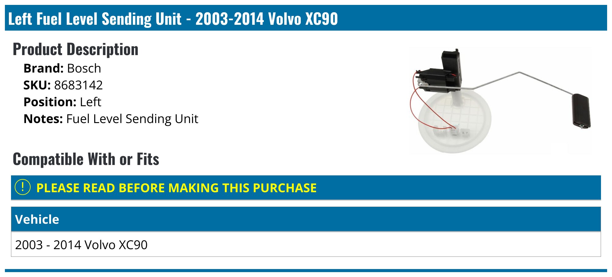2003-2014 Volvo XC90 Fuel Tank Sending Unit - Bosch 8683142 - Left ...