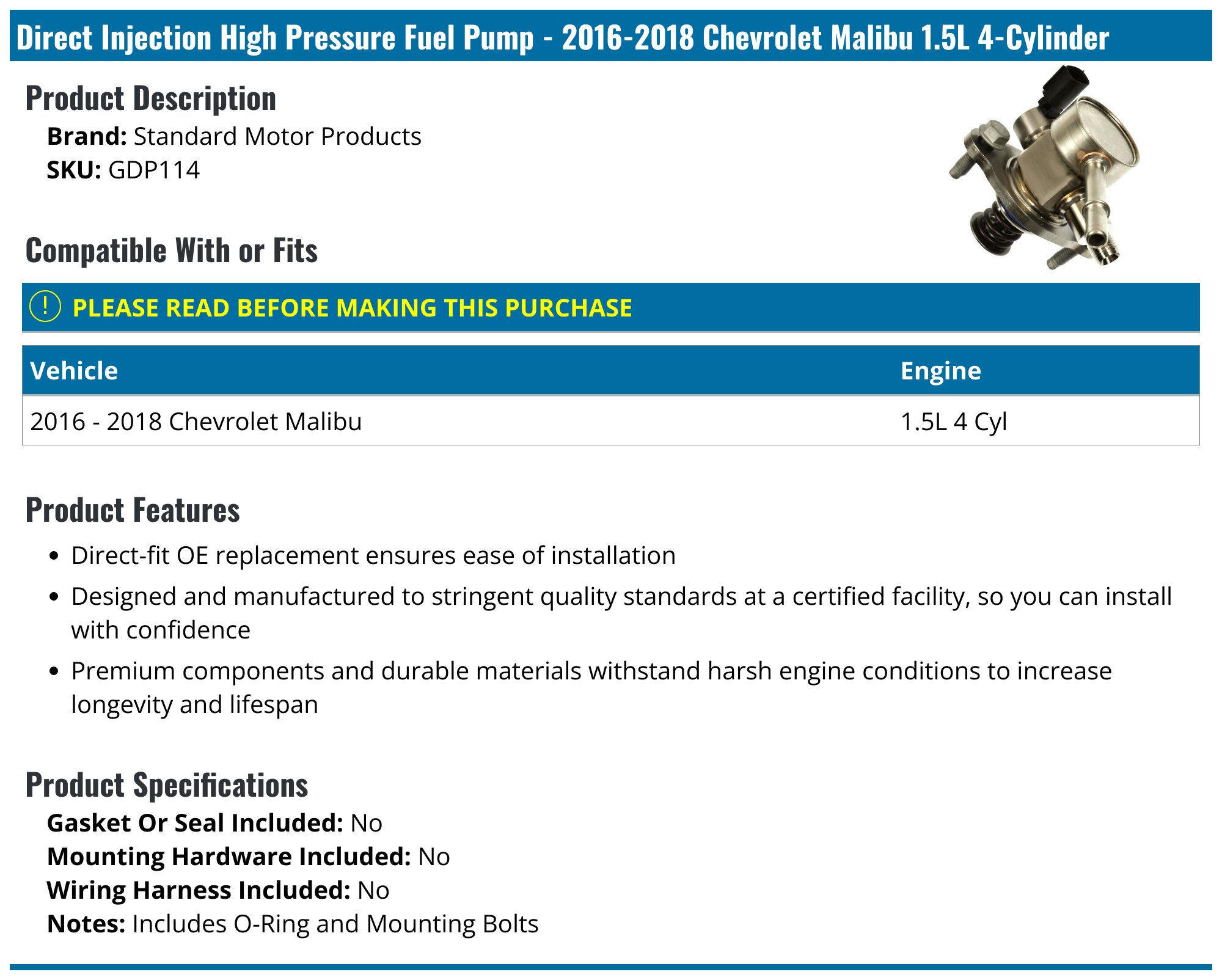 2016-2022 Chevrolet Malibu Fuel Pump - Standard Motor Products GDP114 ...