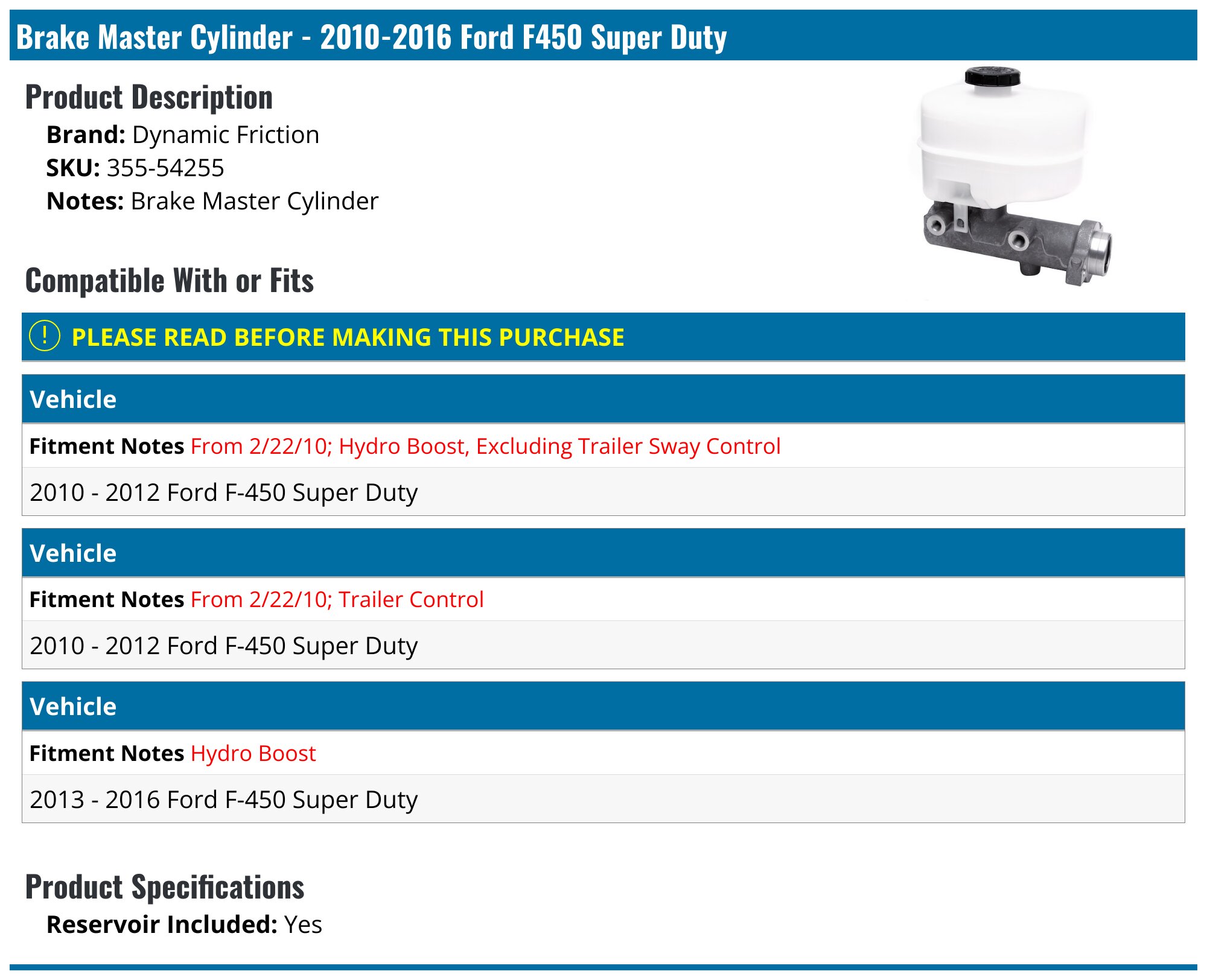 2010-2016 Ford F450 Super Duty Brake Master Cylinder - Dynamic Friction ...