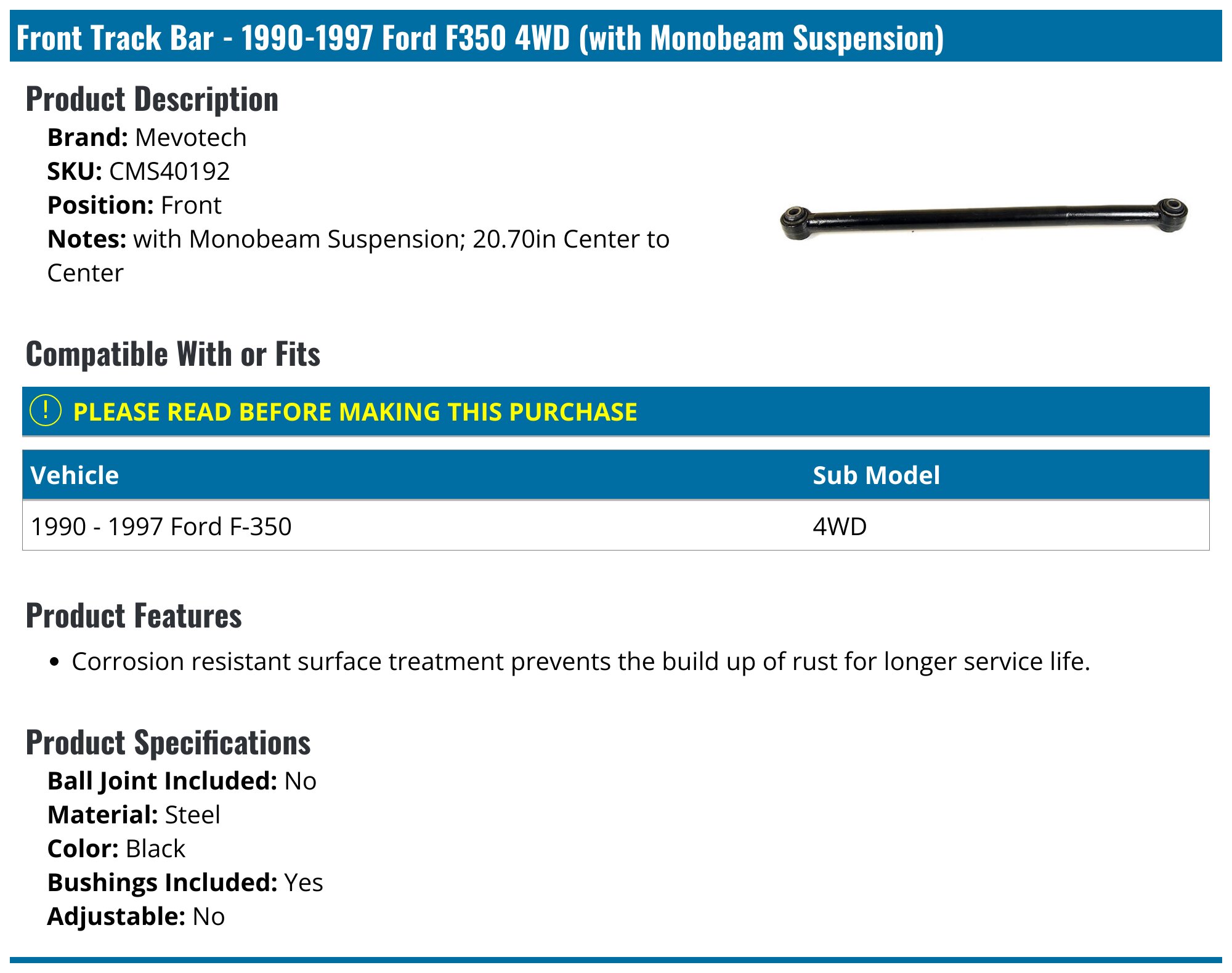 1990-1997 Ford F350 Track Bar - Mevotech CMS40192 - Front - PartsGeek.com