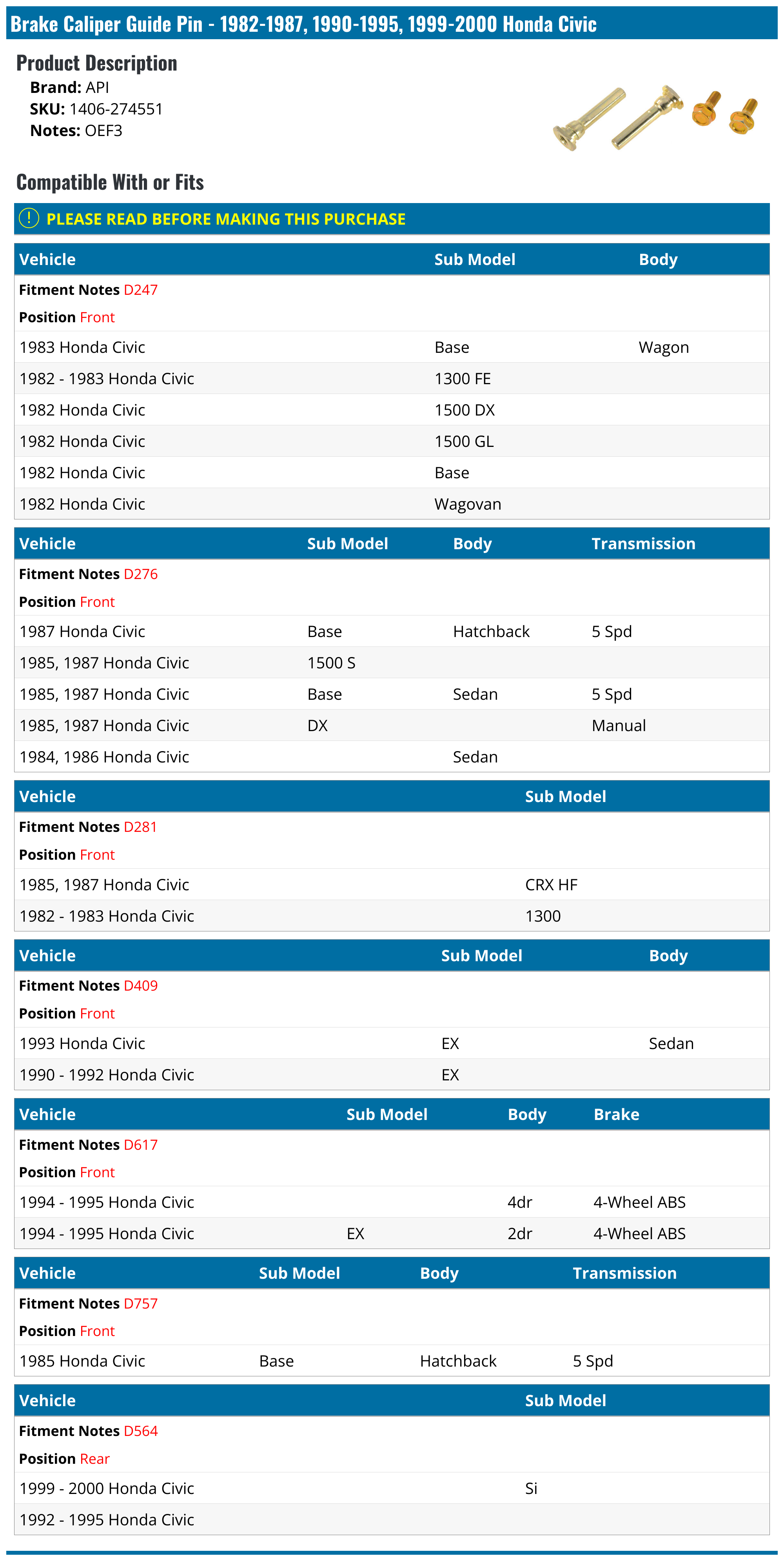 1982-1987, 1990-1995, 1999-2000 Honda Civic Brake Caliper Guide Pin ...