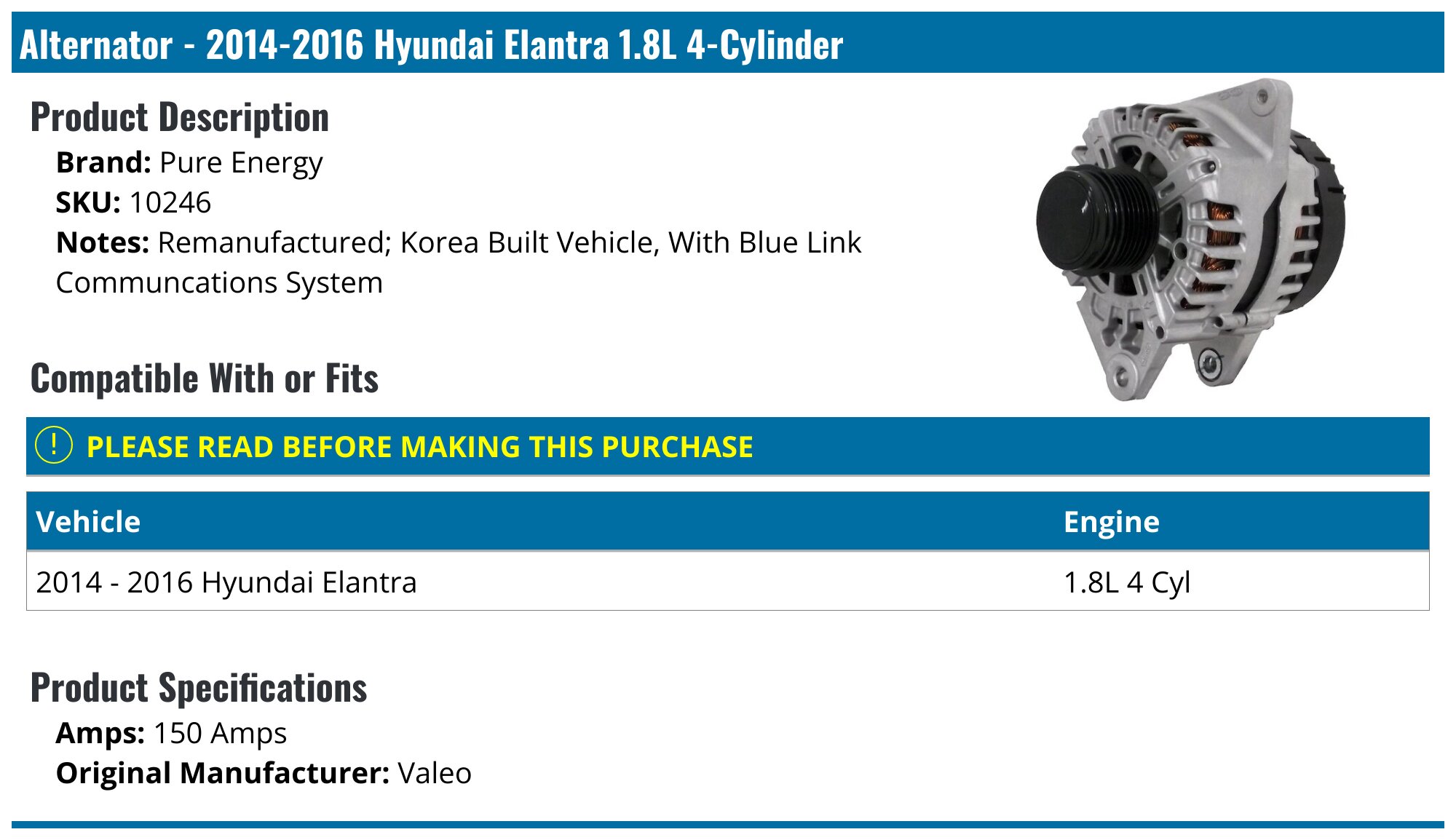 2014-2016 Hyundai Elantra Alternator - Pure Energy 10246 - PartsGeek.com