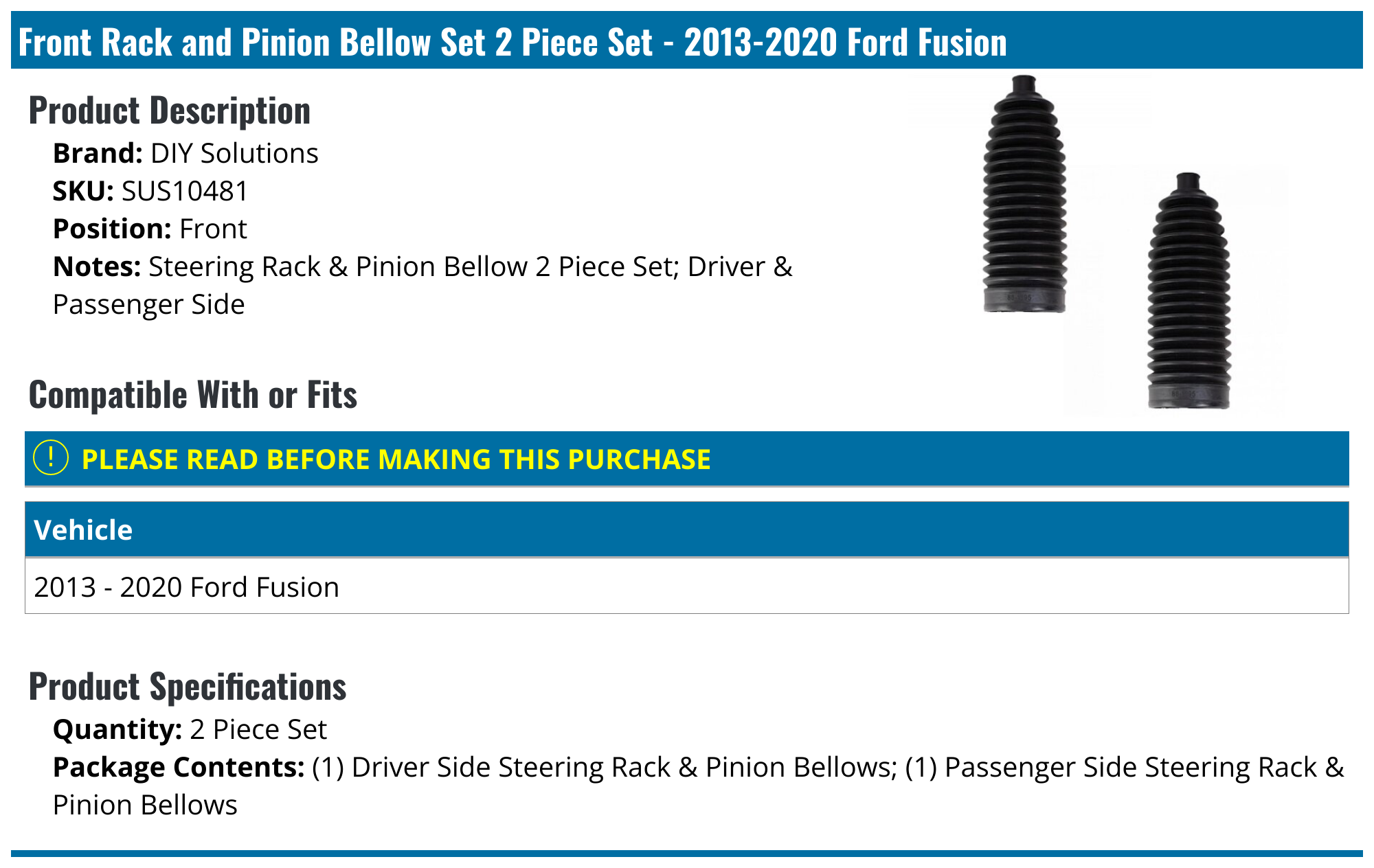 2013-2020 Ford Fusion Rack and Pinion Bellow - DIY Solutions SUS10481 ...