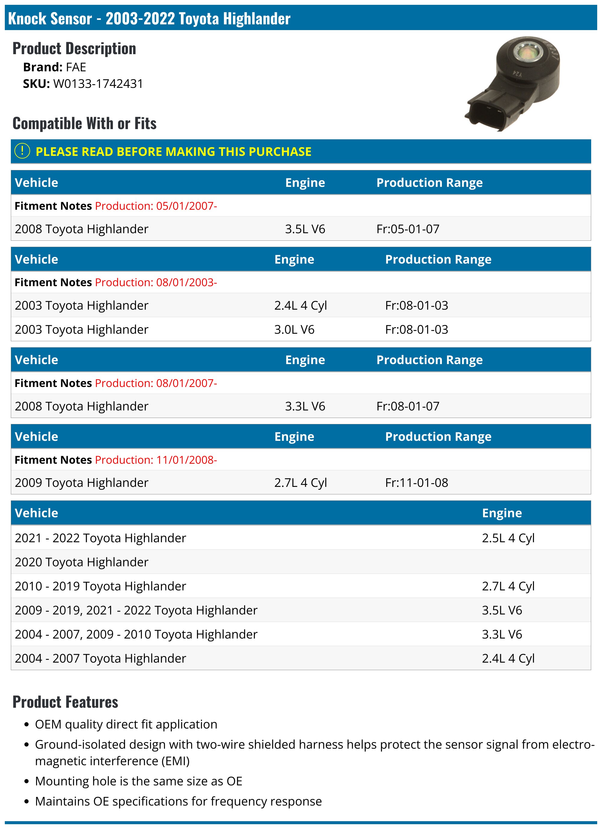2003-2022 Toyota Highlander Knock Sensor - FAE W0133-1742431 ...