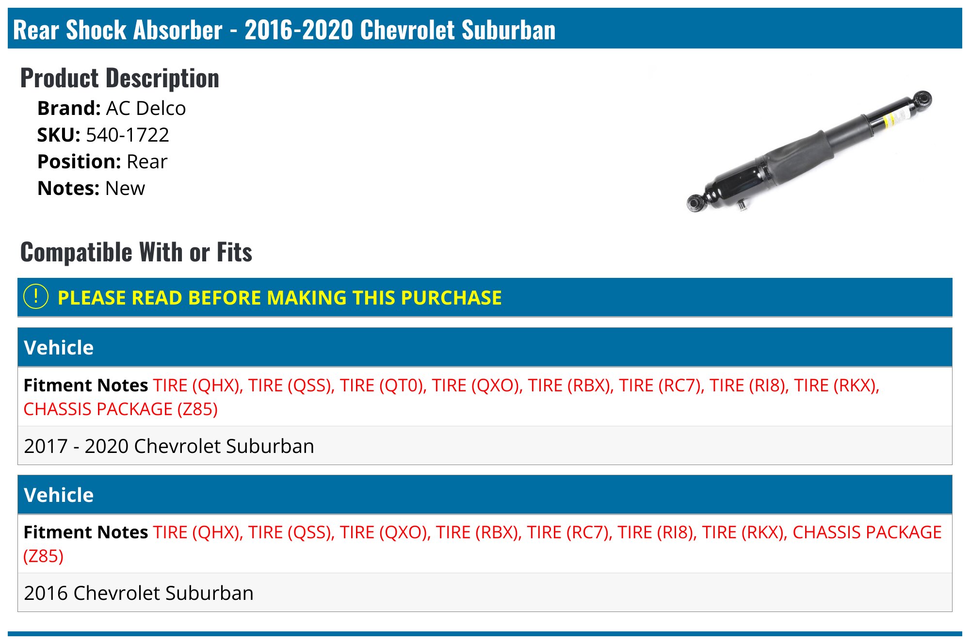 2016-2020 Chevrolet Suburban Shock Absorber - AC Delco 540-1722 - Rear ...