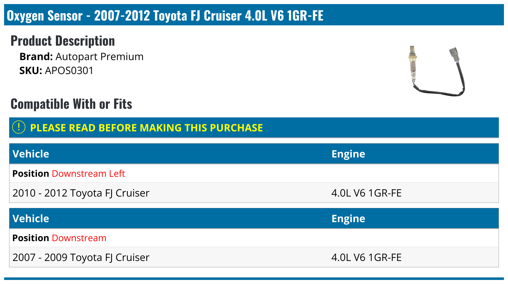 2007-2012 Toyota FJ Cruiser Oxygen Sensor - Autopart Premium APOS0301 ...