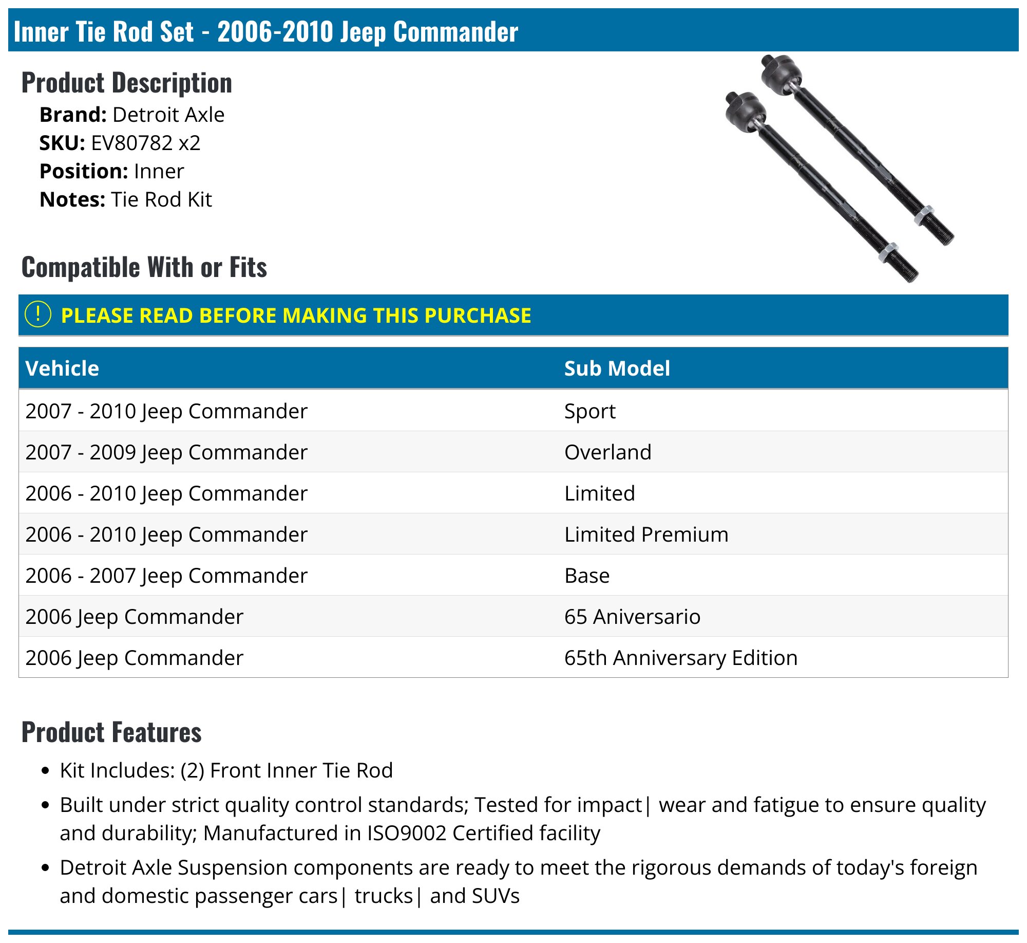 2006-2010 Jeep Commander Tie Rod - Detroit Axle EV80782 x2 - Front ...