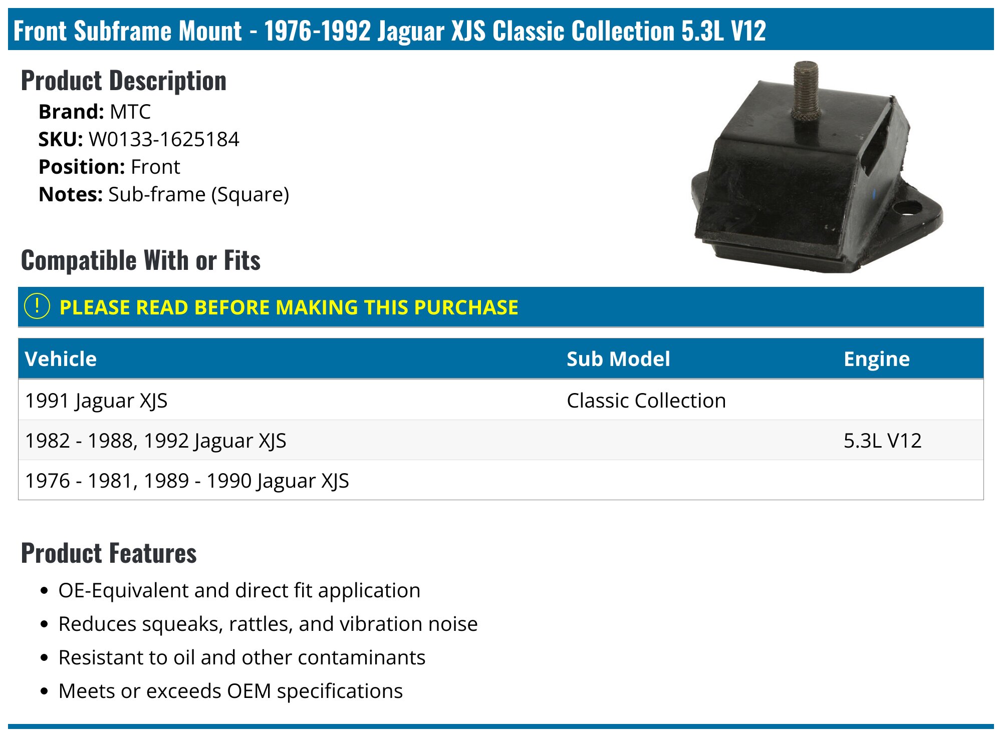 1976-1992 Jaguar XJS Subframe Mount - MTC W0133-1625184 - Front ...