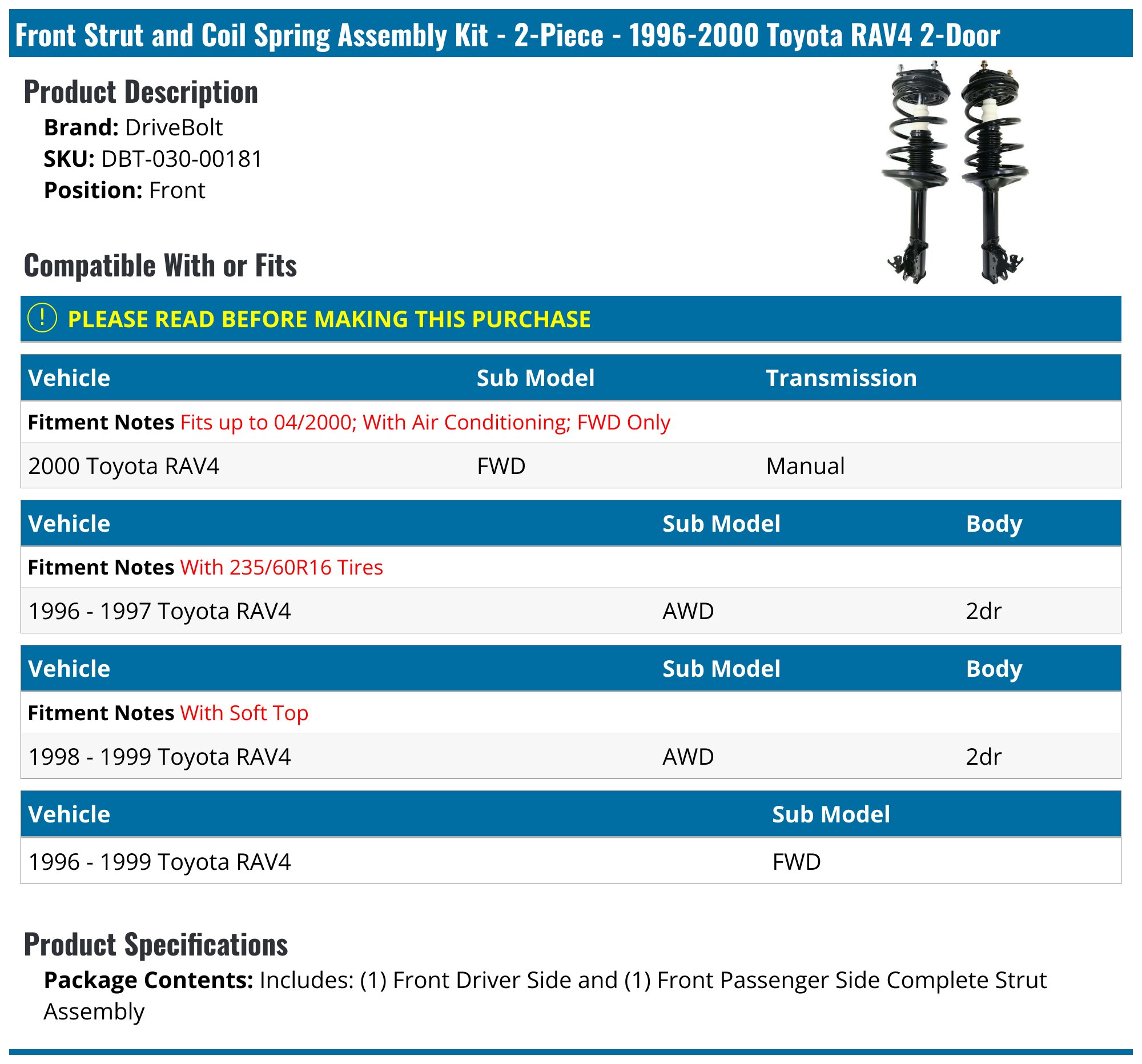 1996-2000 Toyota RAV4 Strut Assembly - DriveBolt DBT-030-00181 - Front ...