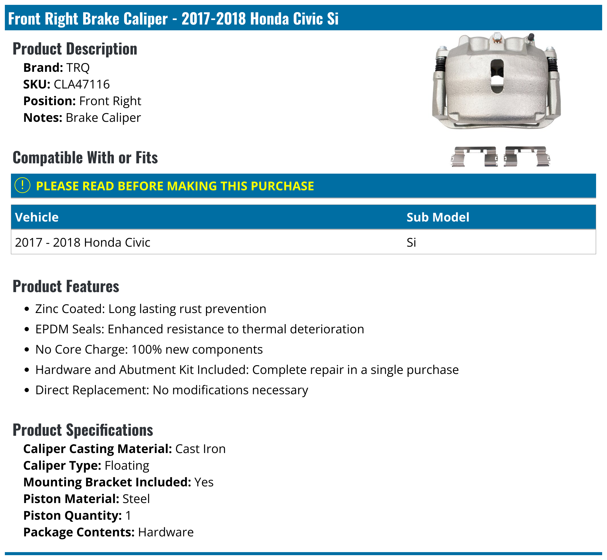 2017-2020 Honda Civic Brake Caliper - TRQ CLA47116 - Front Right ...
