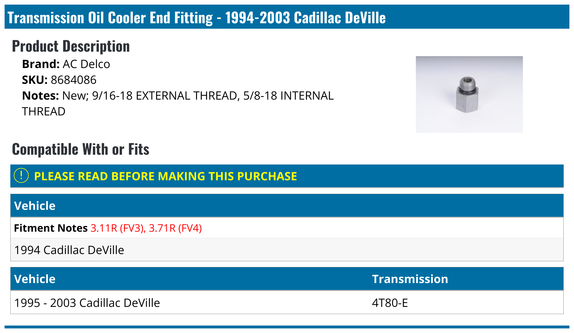 1994-2003 Cadillac DeVille Transmission Oil Cooler End Fitting - AC ...