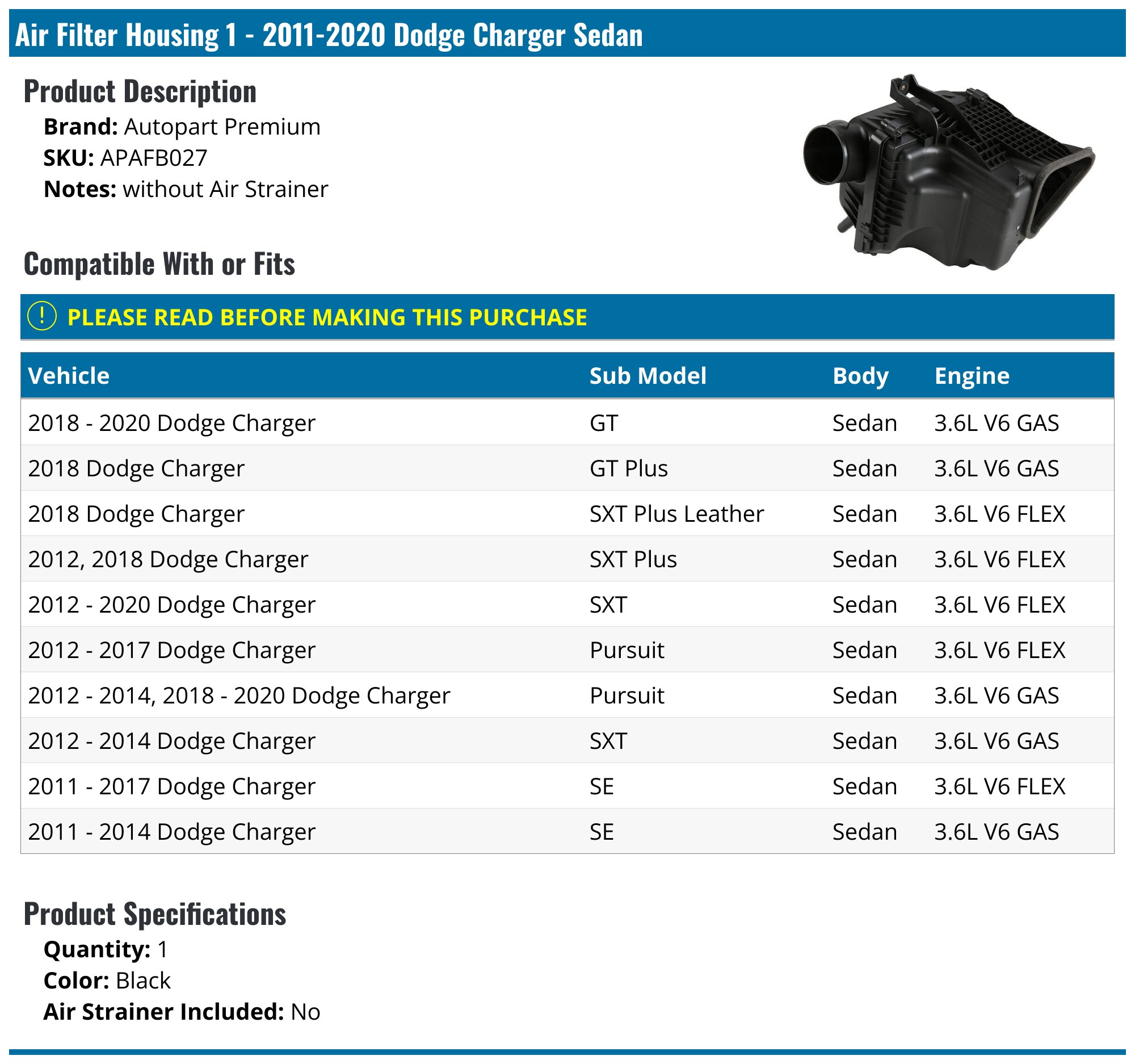 2011-2020 Dodge Charger Air Filter Housing - Autopart Premium APAFB027 ...