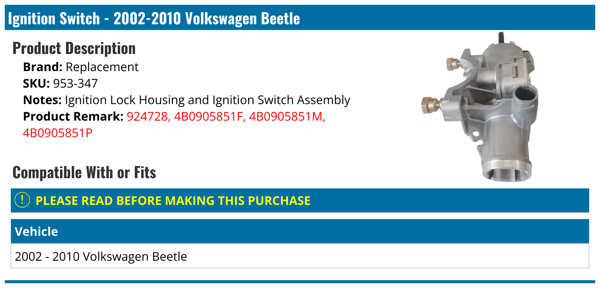 2002-2010 Volkswagen Beetle Ignition Switch - Replacement 953-347 ...
