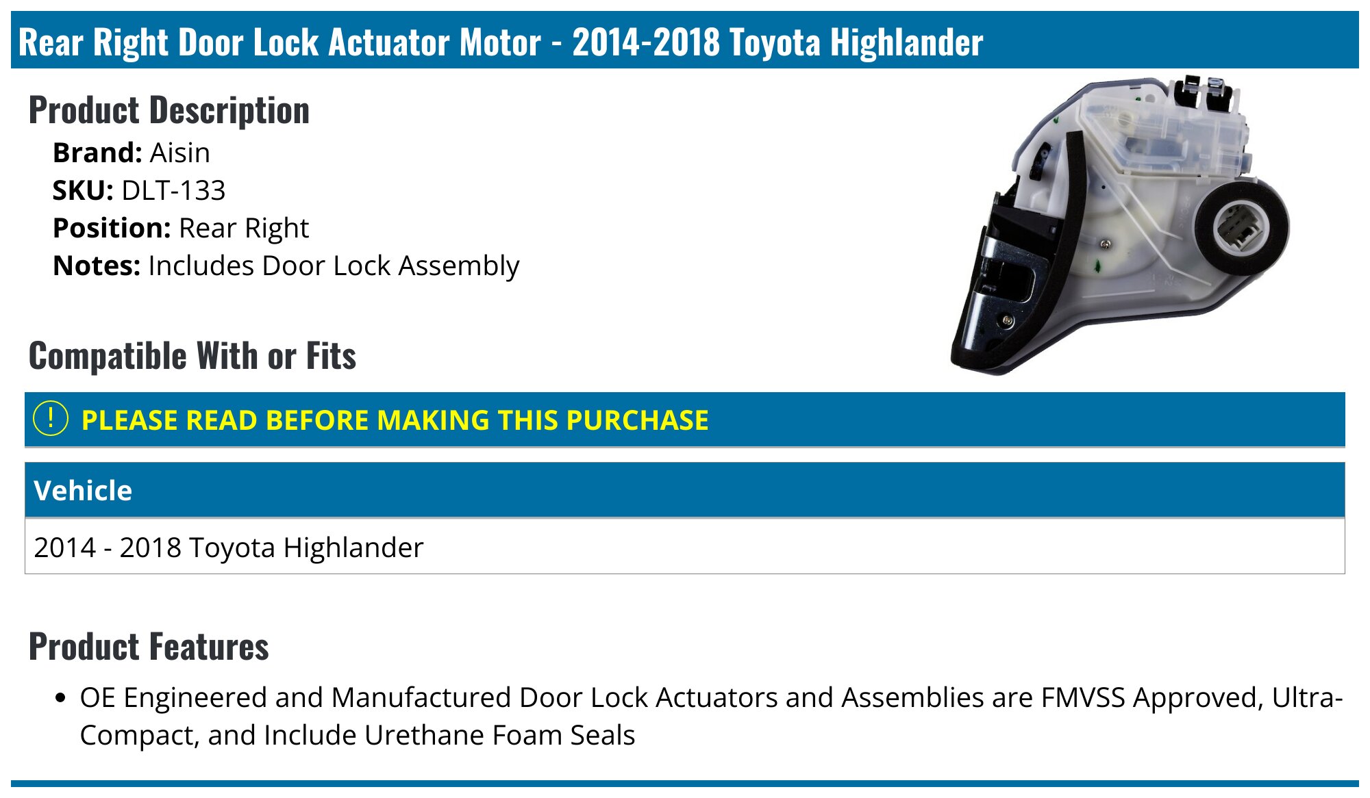 2014-2018 Toyota Highlander Door Lock Actuator - Aisin DLT-133 - Rear ...