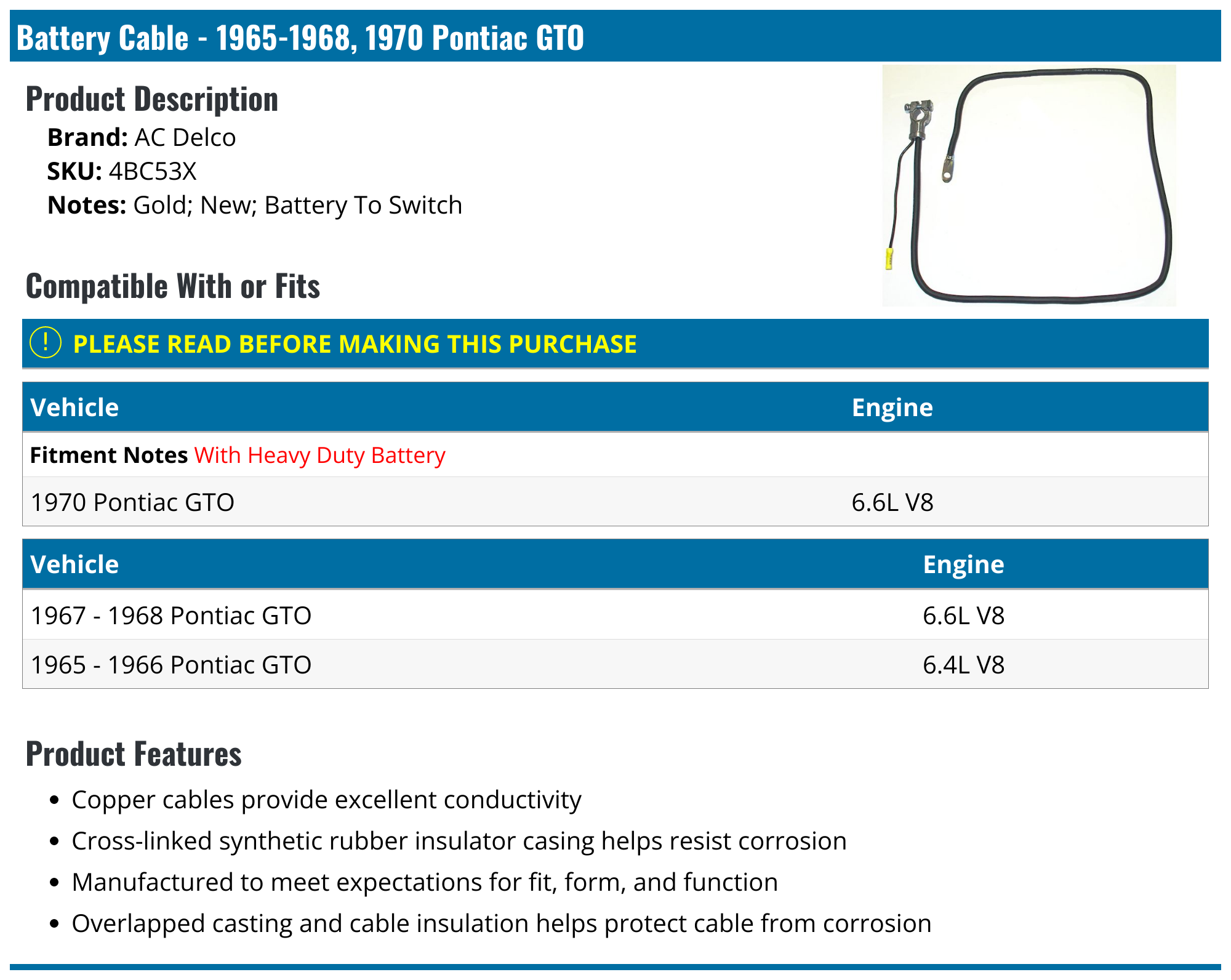 1965-1968, 1970 Pontiac GTO Battery Cable - AC Delco 4BC53X - Positive ...