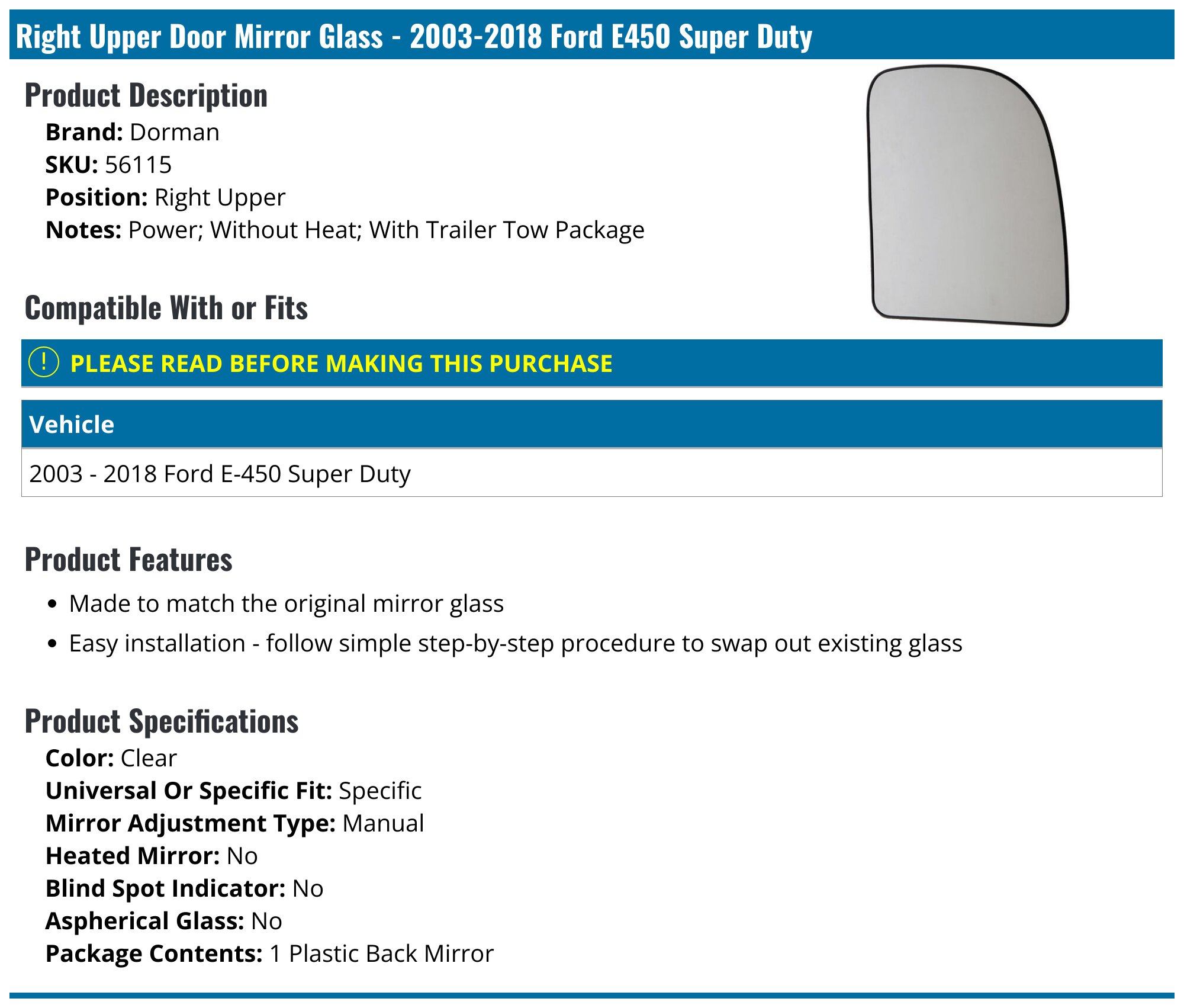 2003-2018 Ford E450 Super Duty Door Mirror Glass - Dorman 56115 - Right ...