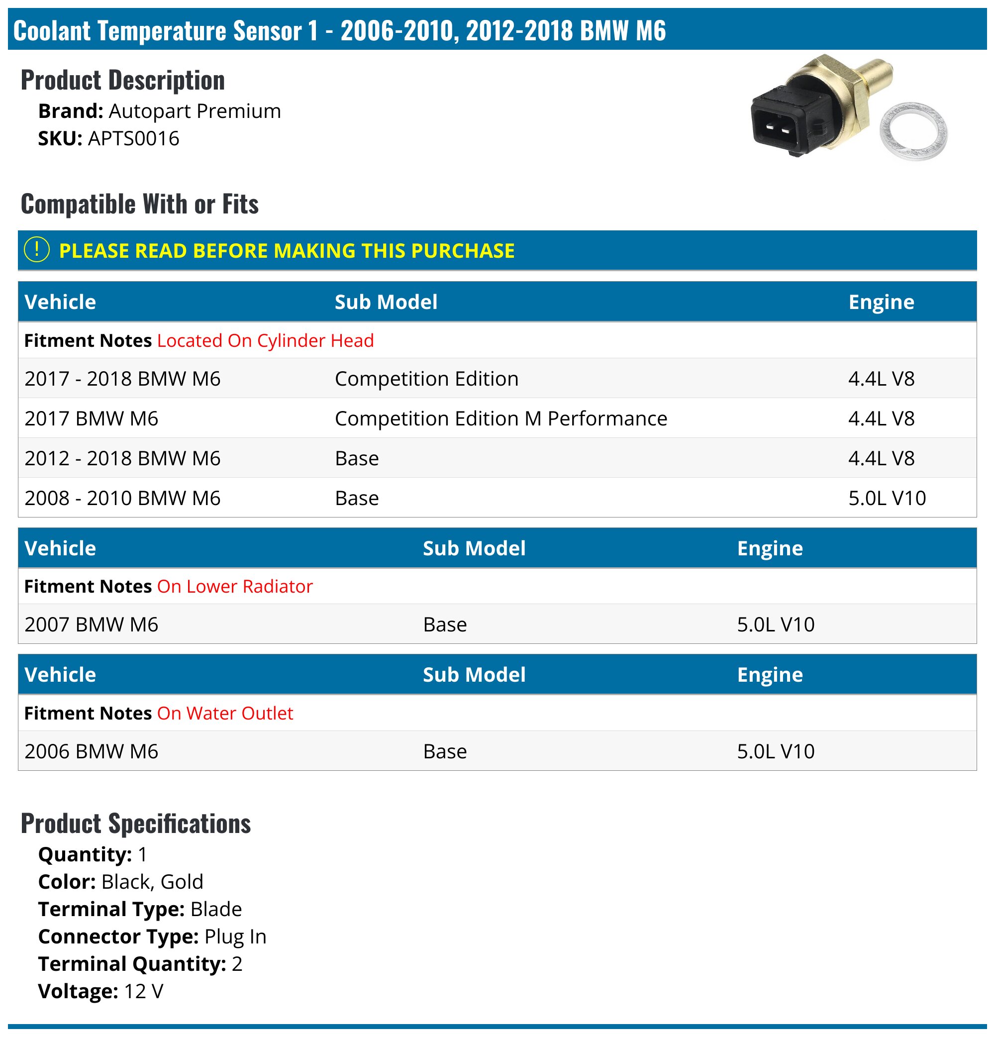 2006-2010, 2012-2018 BMW M6 Engine Coolant Temperature Sensor ...