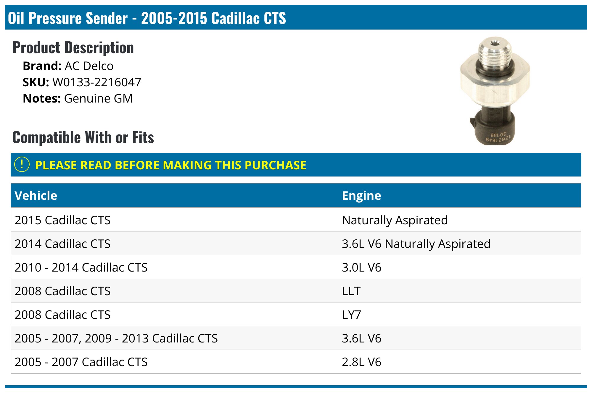 2005-2015 Cadillac CTS Oil Pressure Sender - AC Delco W0133-2216047 ...