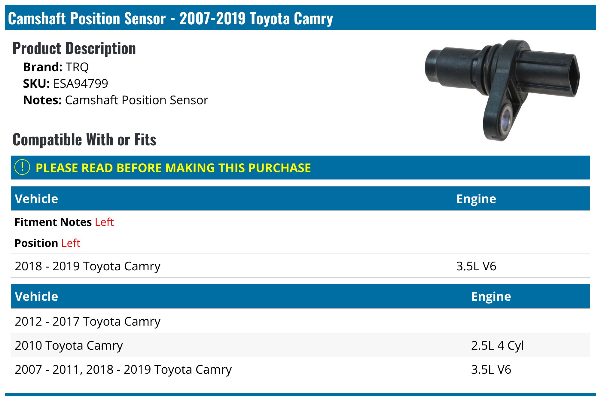 2007-2019 Toyota Camry Camshaft Position Sensor - TRQ ESA94799 ...