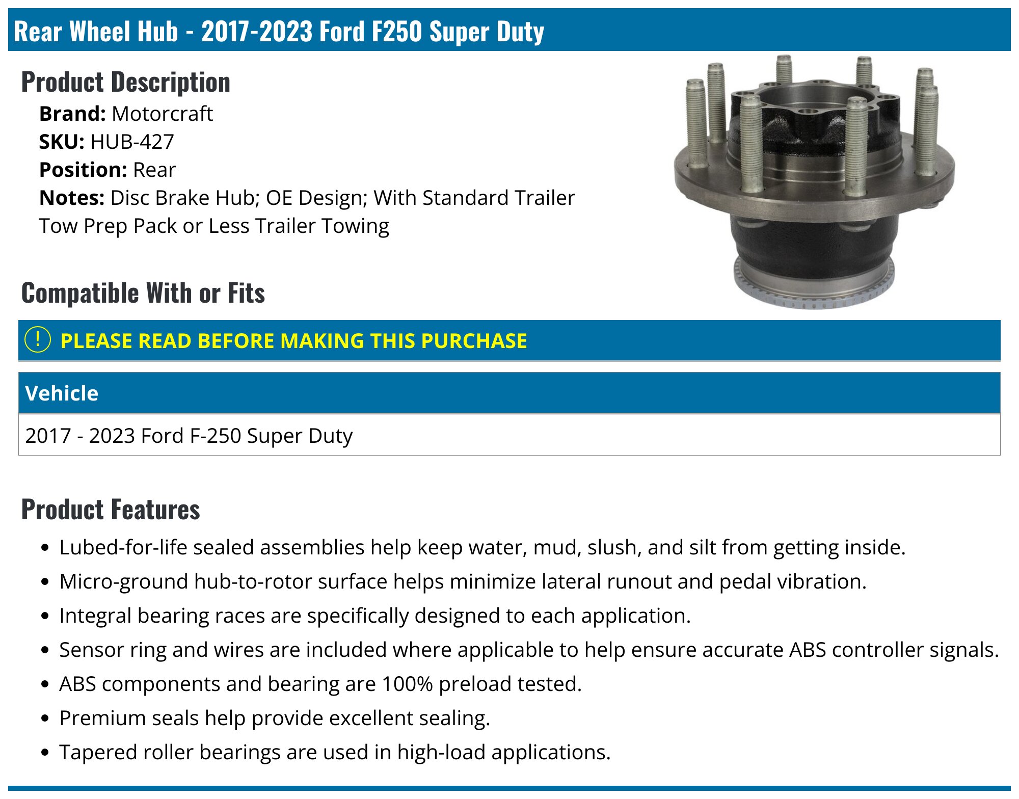 2017-2026 Ford F250 Super Duty Wheel Hub Assembly - Motorcraft HUB-427 ...