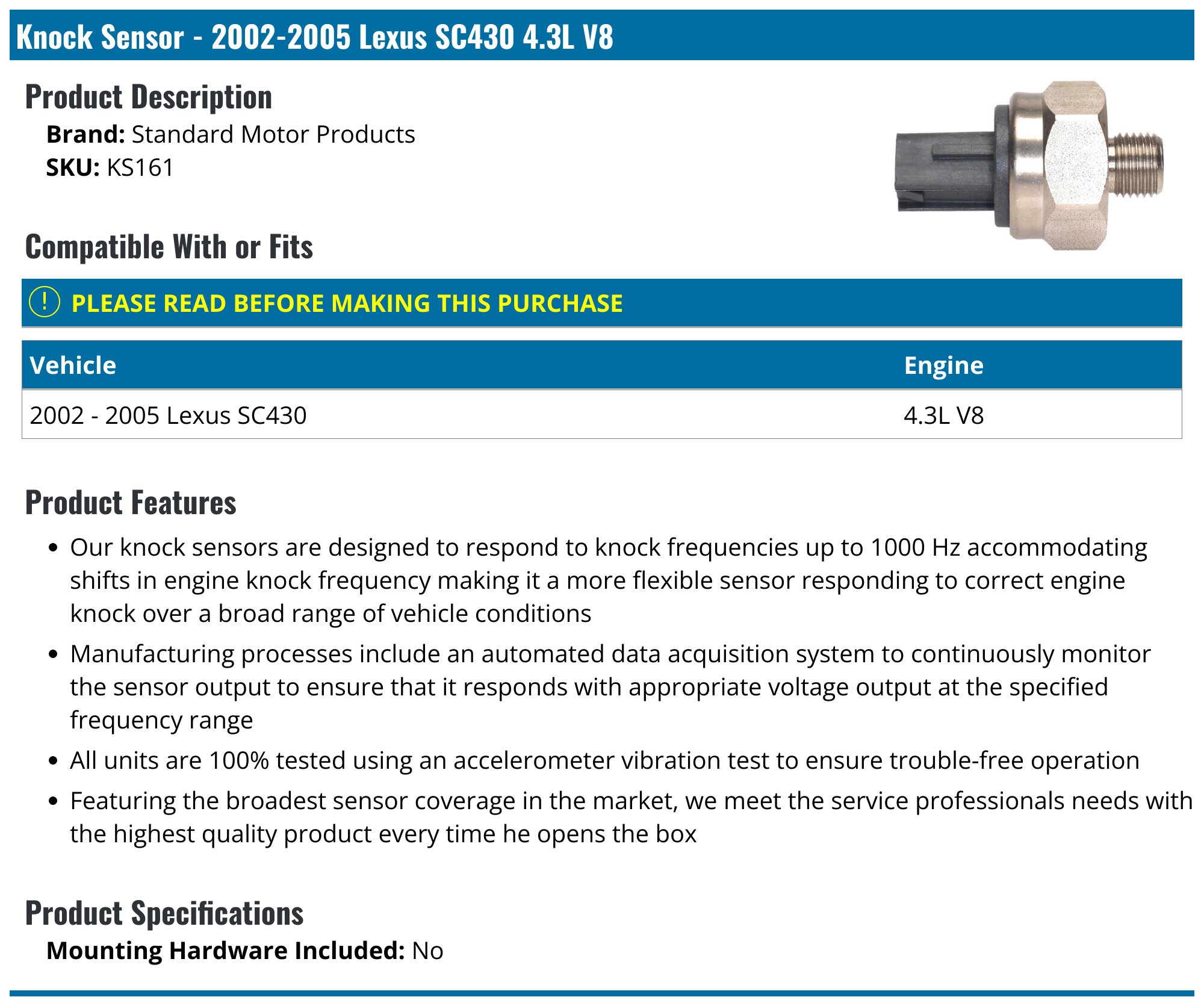 2002-2005 Lexus SC430 Knock Sensor - Standard Motor Products KS161 ...