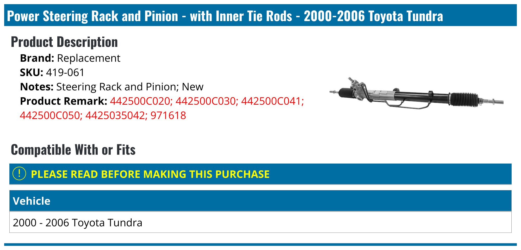 2000-2006 Toyota Tundra Steering Rack - Replacement 419-061 - PartsGeek.com