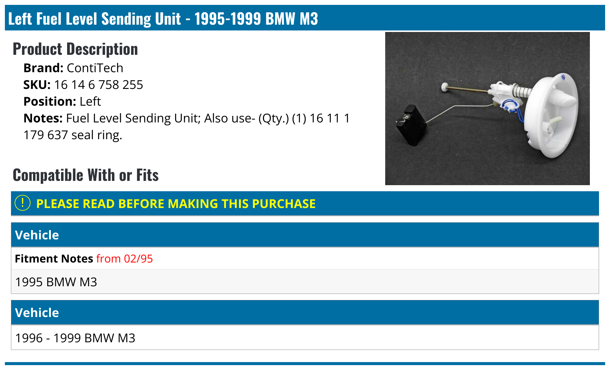 1995-1999 BMW M3 Fuel Tank Sending Unit - ContiTech 16 14 6 758 255 ...