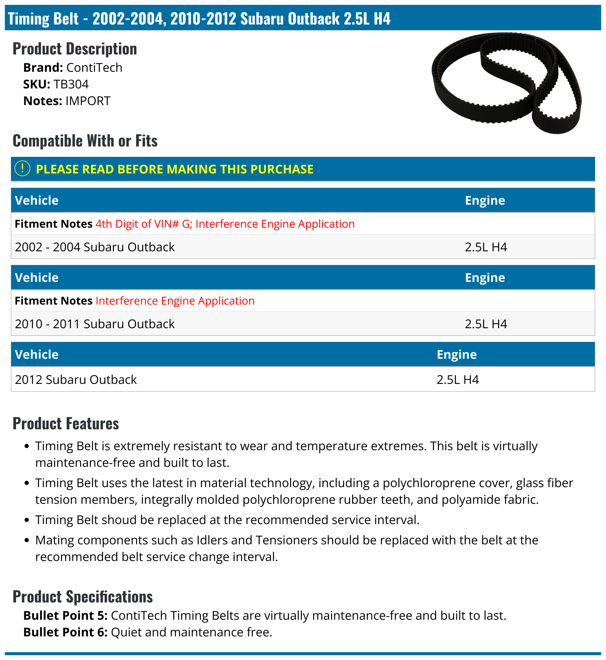 2002-2004, 2010-2012 Subaru Outback Timing Belt - ContiTech TB304 ...