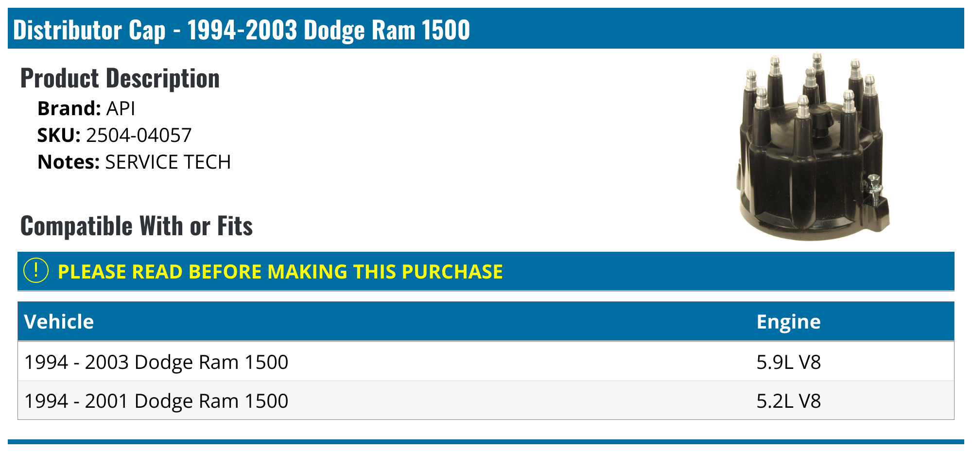 1994-2003 Dodge Ram 1500 Distributor Cap - API 1964-07895966 ...