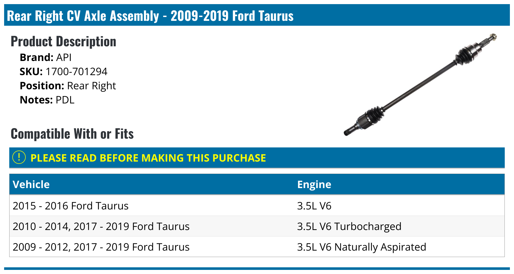 2009-2019 Ford Taurus Axle Assembly - API 30155-02700140 - Rear Right ...