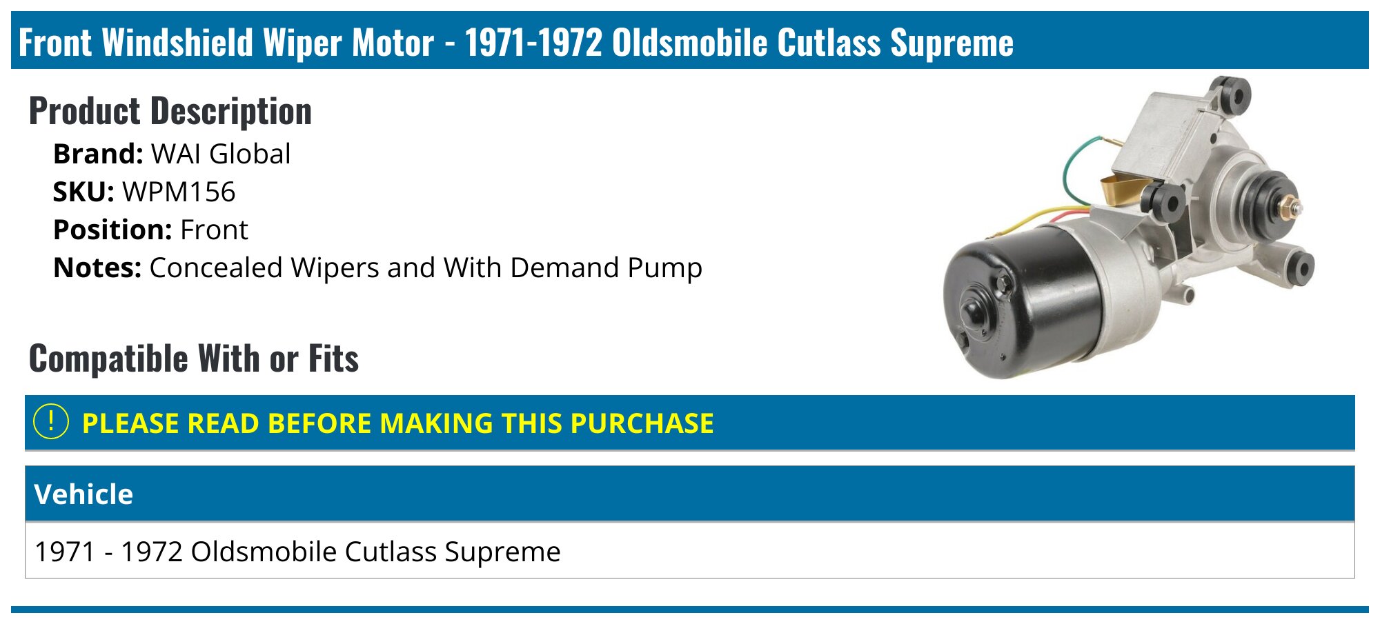 1971-1972 Oldsmobile Cutlass Supreme Windshield Wiper Motor - WAI ...
