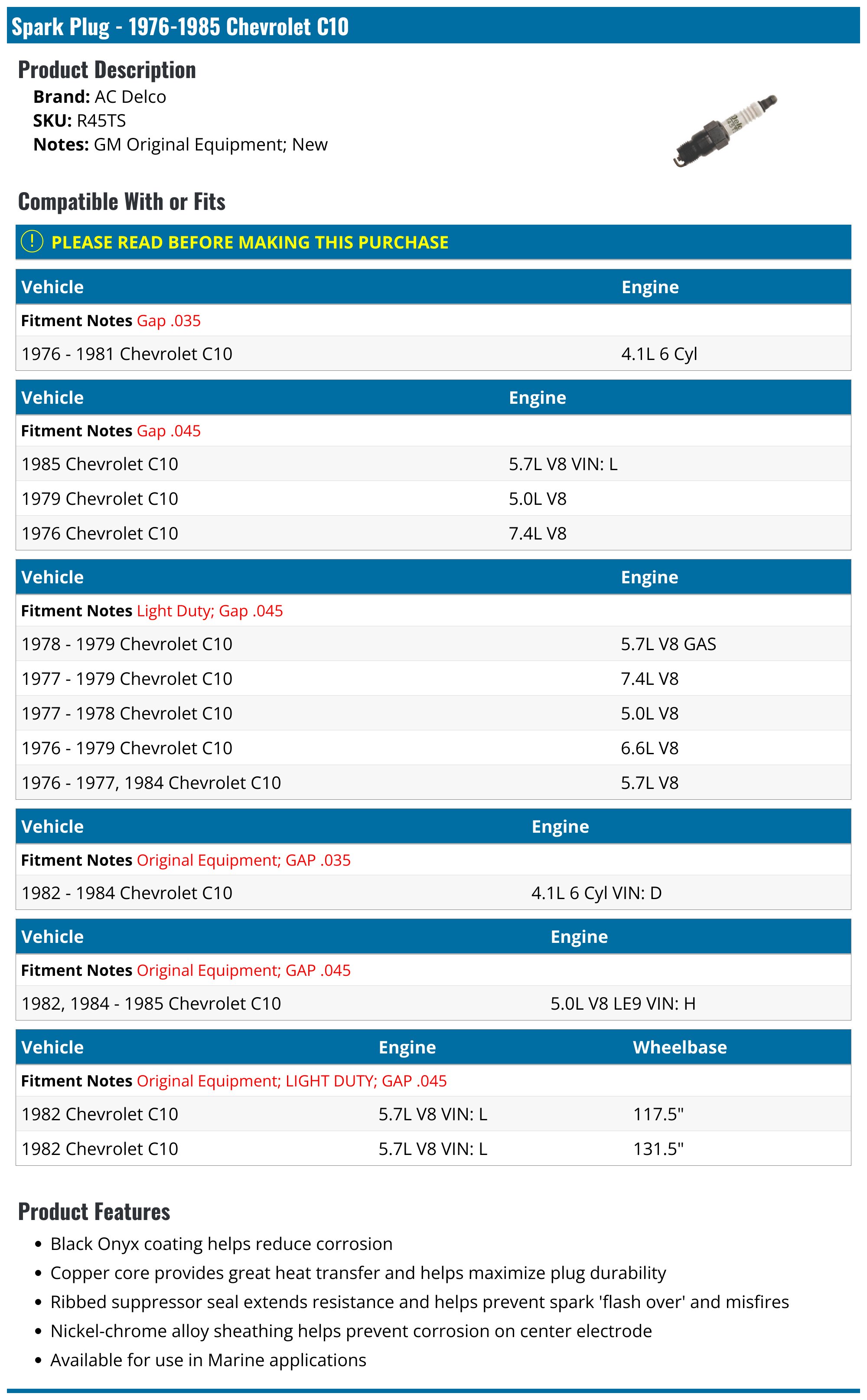 1976-1985 Chevrolet C10 Spark Plug - AC Delco R45TS - PartsGeek.com