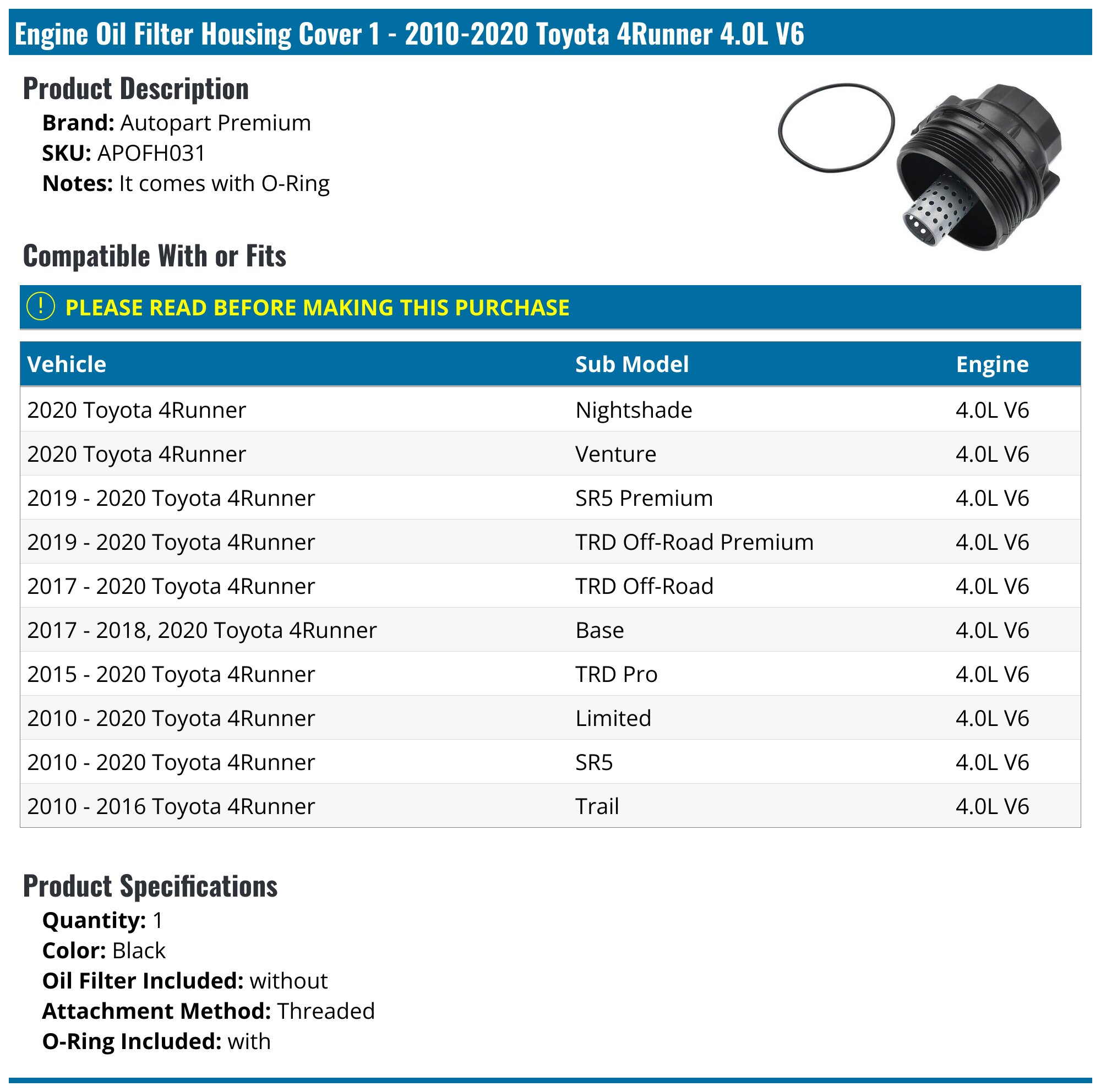 2010-2020 Toyota 4Runner Engine Oil Filter Housing Cover - Autopart ...