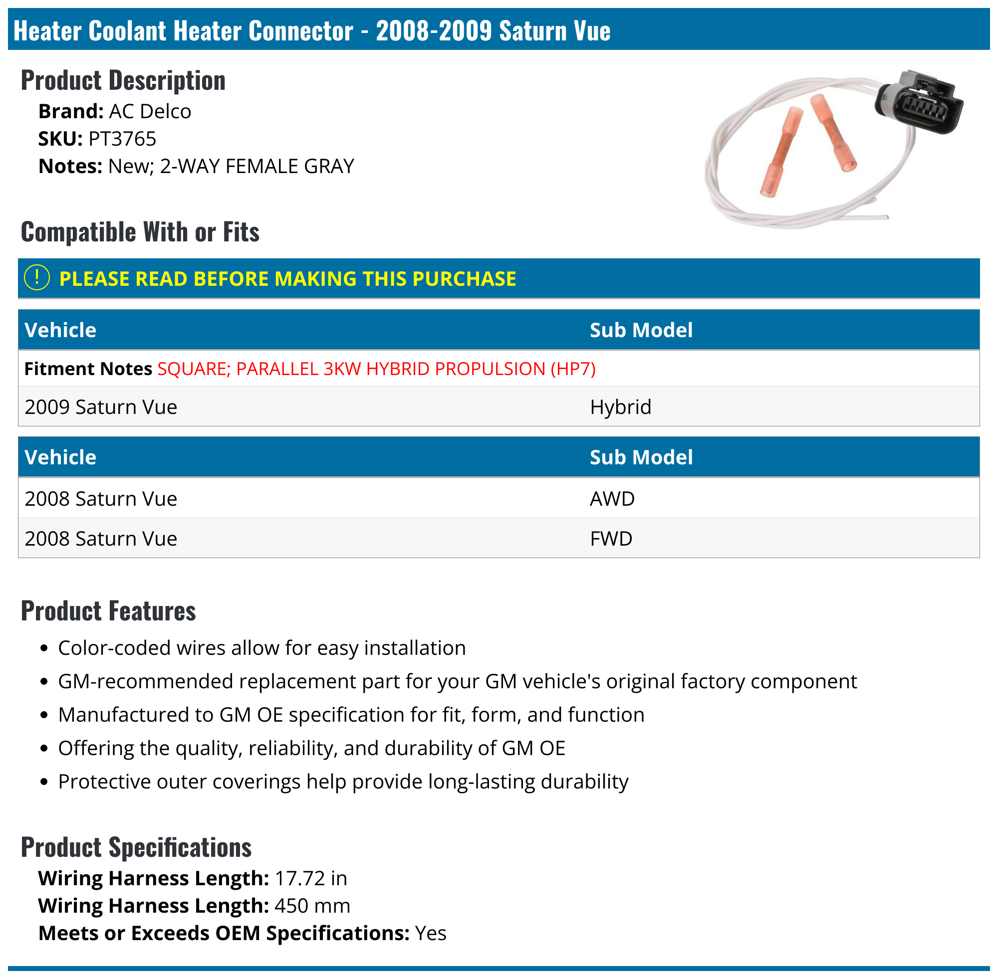 2008-2009 Saturn Vue Heater Coolant Heater Connector - AC Delco PT3765 ...