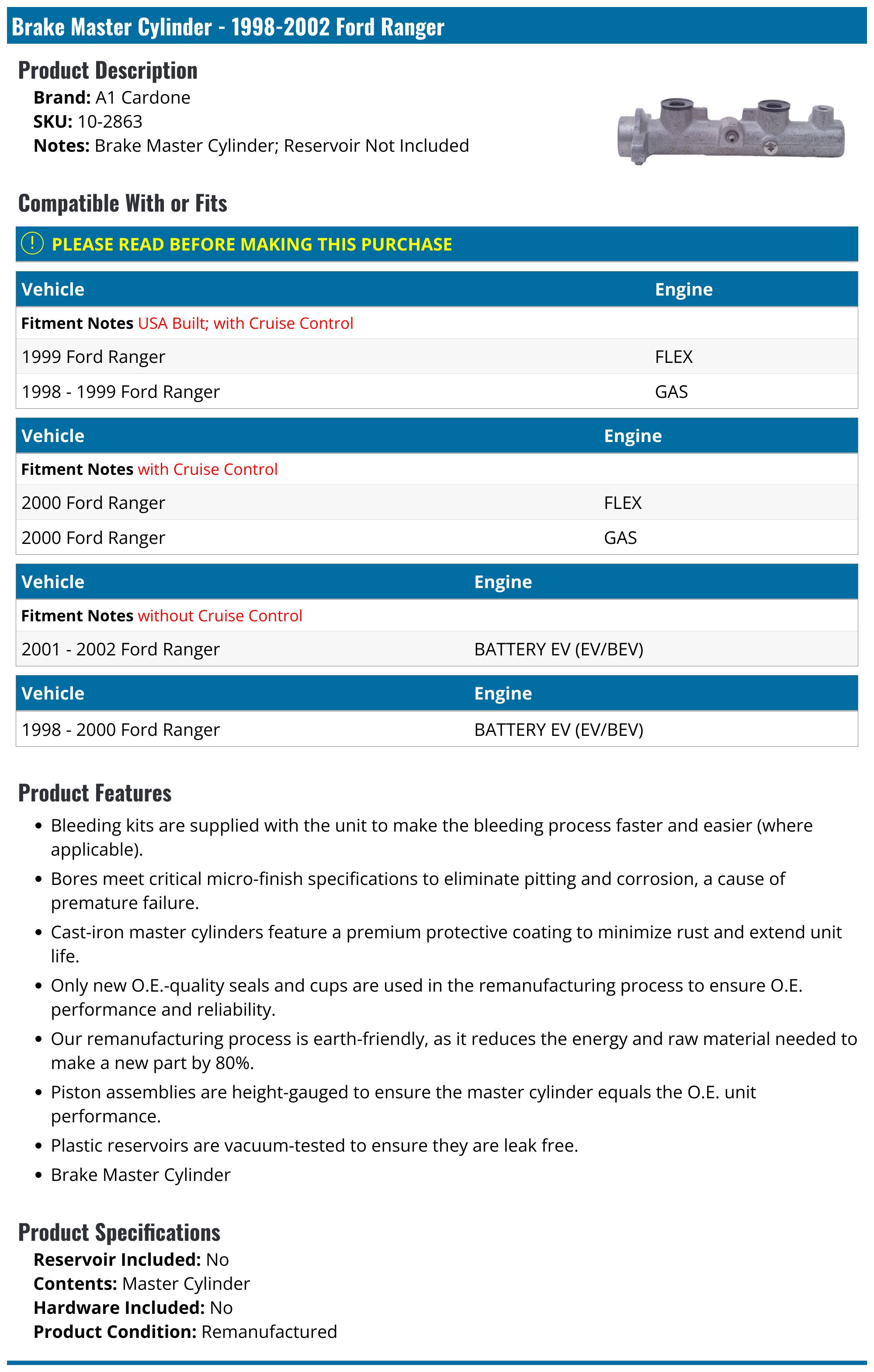 1998-2002 Ford Ranger Brake Master Cylinder - A1 Cardone 10-2863 ...