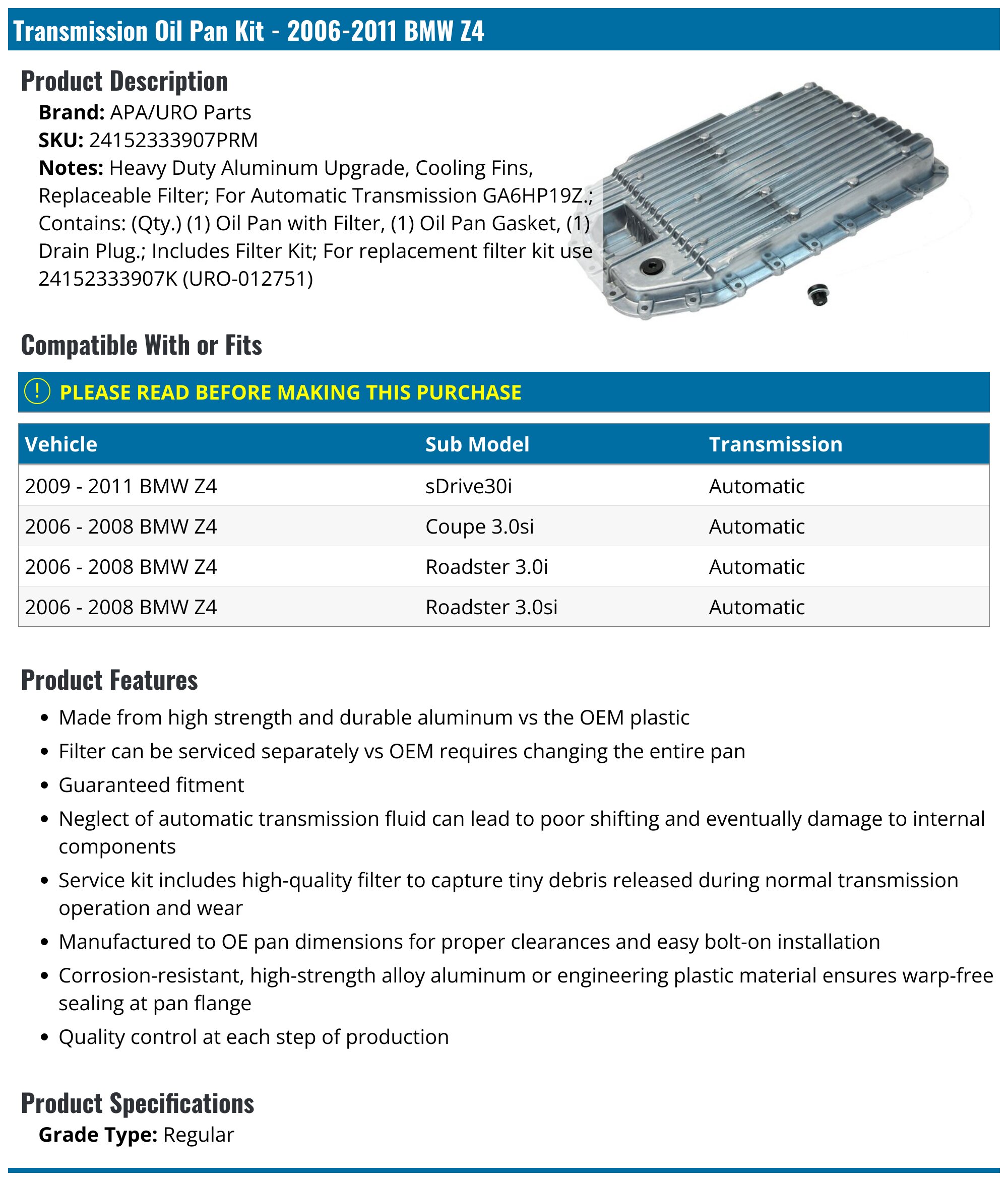 2006-2011 BMW Z4 Transmission Oil Pan Kit - APA/URO Parts ...