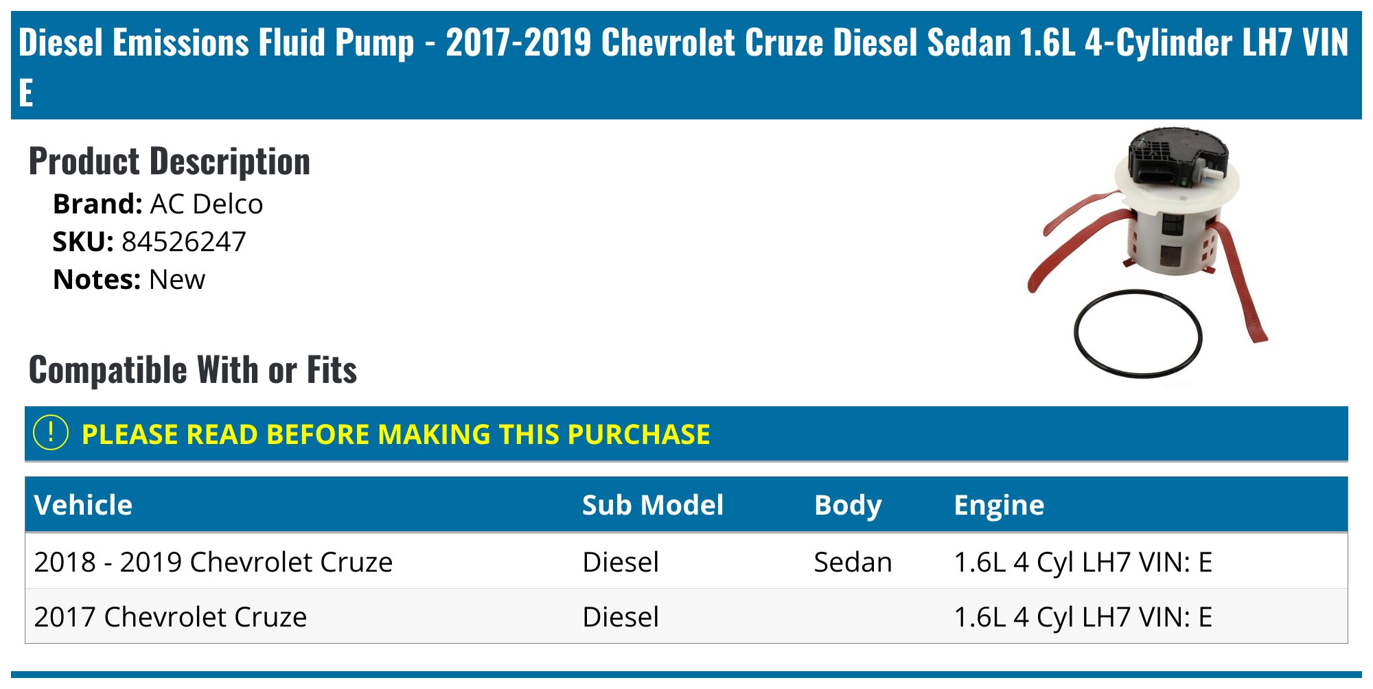 2017-2019 Chevrolet Cruze Diesel Emissions Fluid Pump - AC Delco ...
