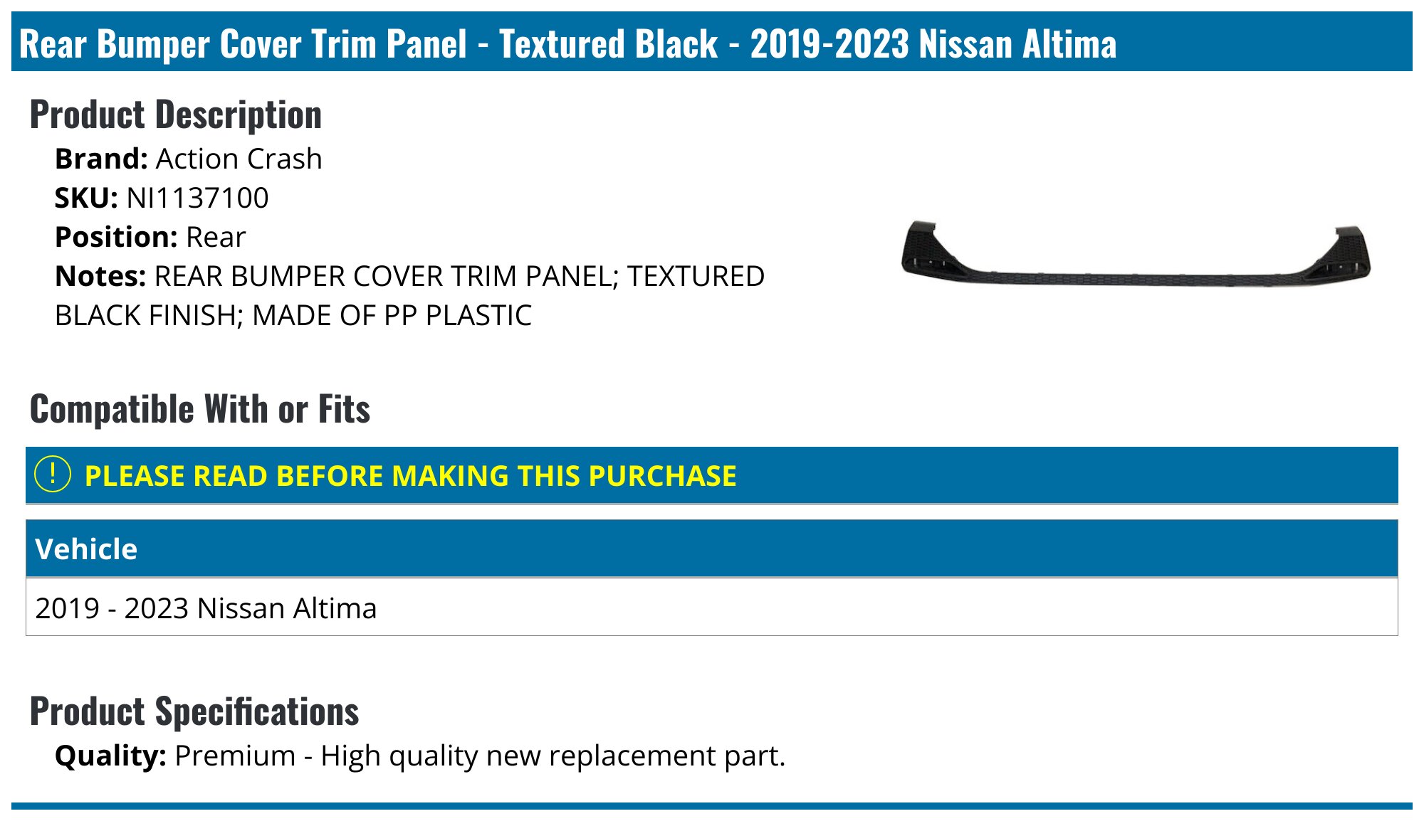 2019-2025 Nissan Altima Bumper Cover Trim Panel - Action Crash ...