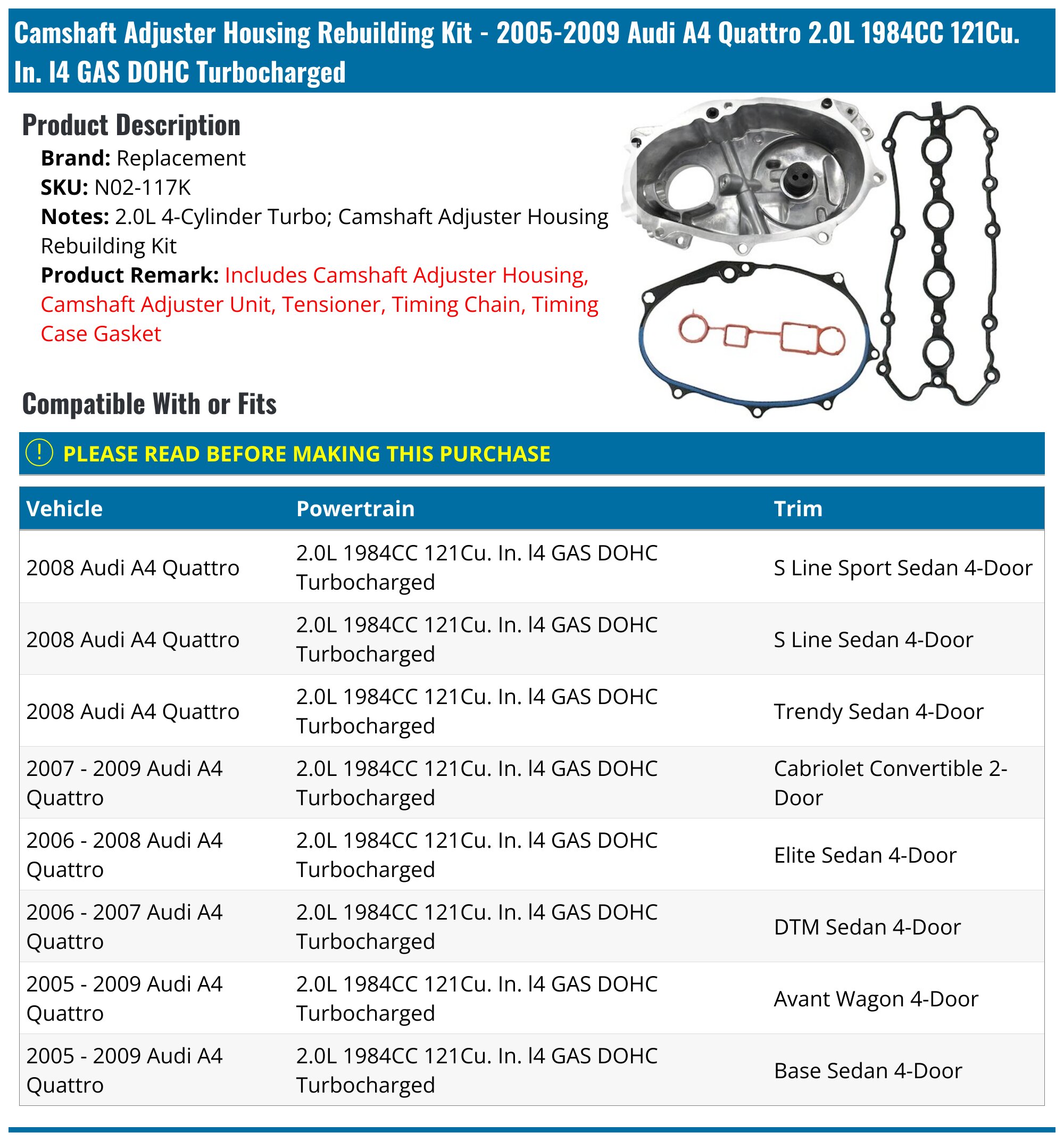 2005-2009 Audi A4 Quattro Camshaft Adjuster Housing Rebuilding Kit ...