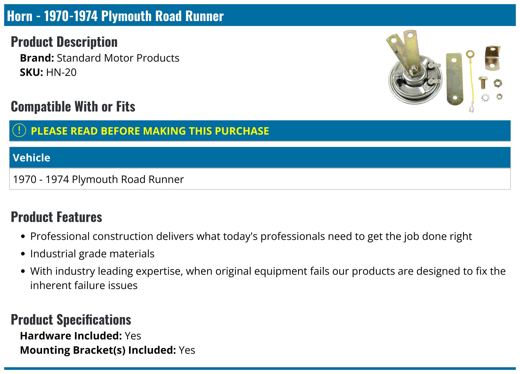 1970-1974 Plymouth Road Runner Horn - Standard Motor Products HN-20 ...