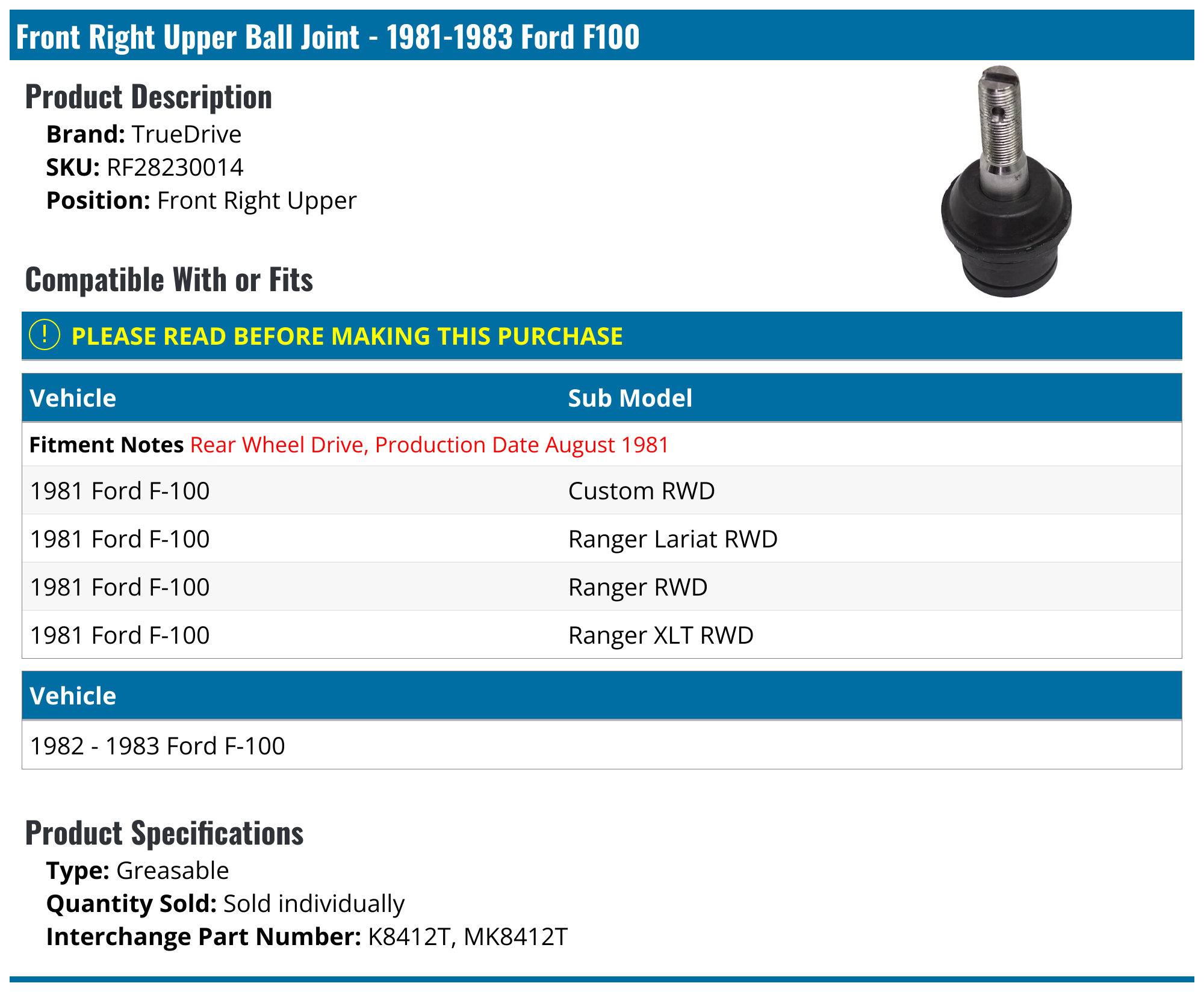 1981-1983 Ford F100 Ball Joint - TrueDrive RF28230014 - Front Right ...