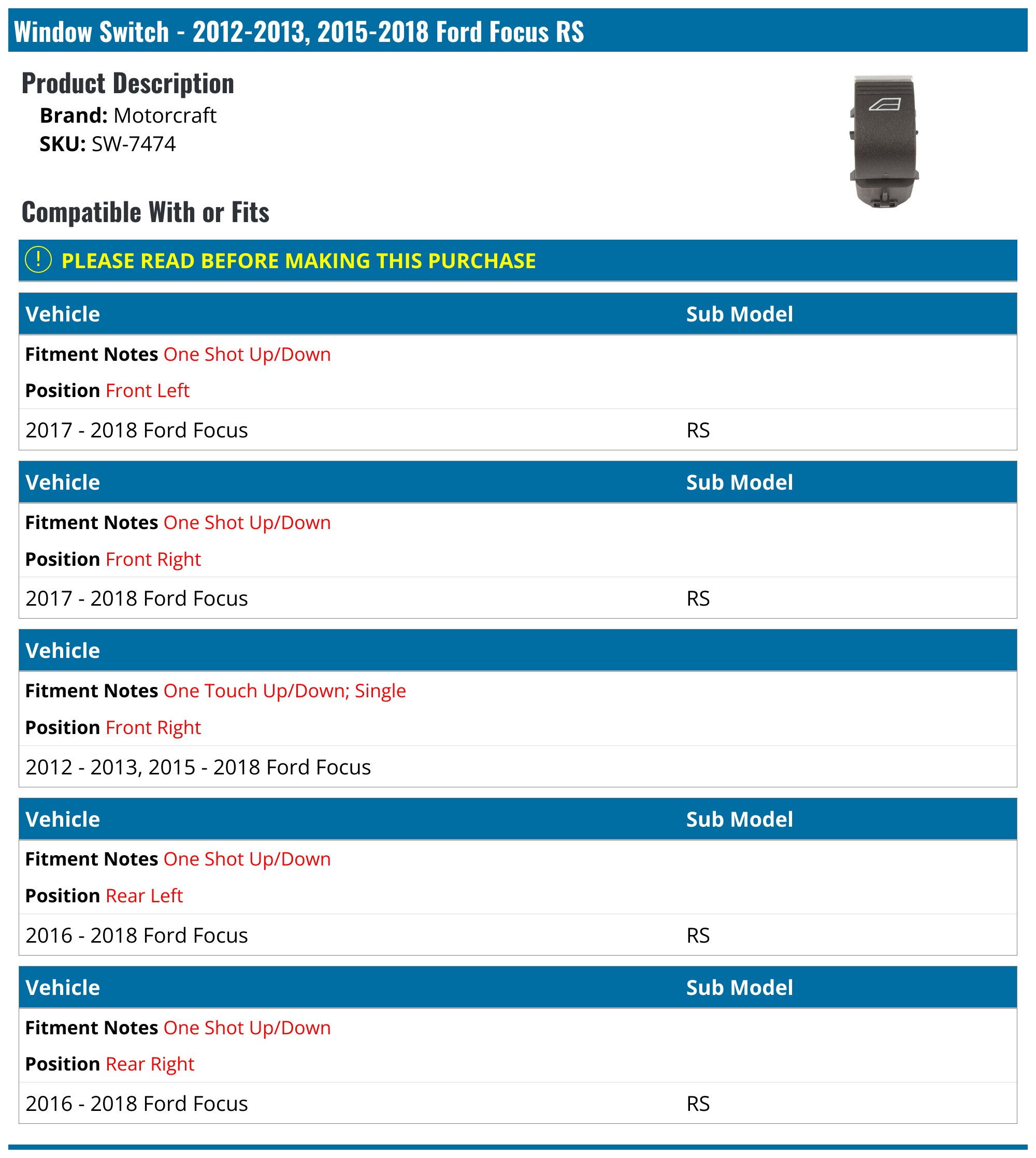 2012-2013, 2015-2018 Ford Focus Window Switch - Motorcraft SW-7474 ...
